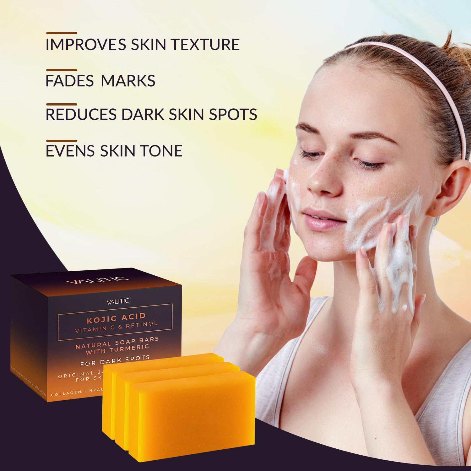 VALITIC Kojic Acid Vitamin C and Retinol Soap Bars with Turmeric for Dark Spot - Original Japanese Complex Infused with Collagen, Hyaluronic Acid, and Vitamin E (3 Pack)