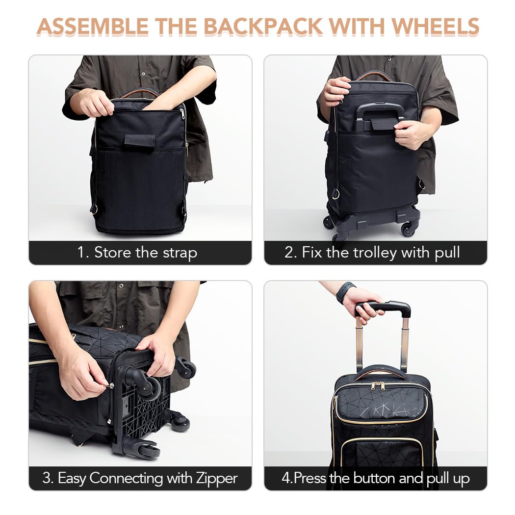Lekebobor Travel Rolling Backpack Women Wheeled Business Backpack,15.6" Laptop Backpack with USB Charging Port, Waterproof Carry on Backpack Flight Approved Travel Backpack,Black with Golden Zipper