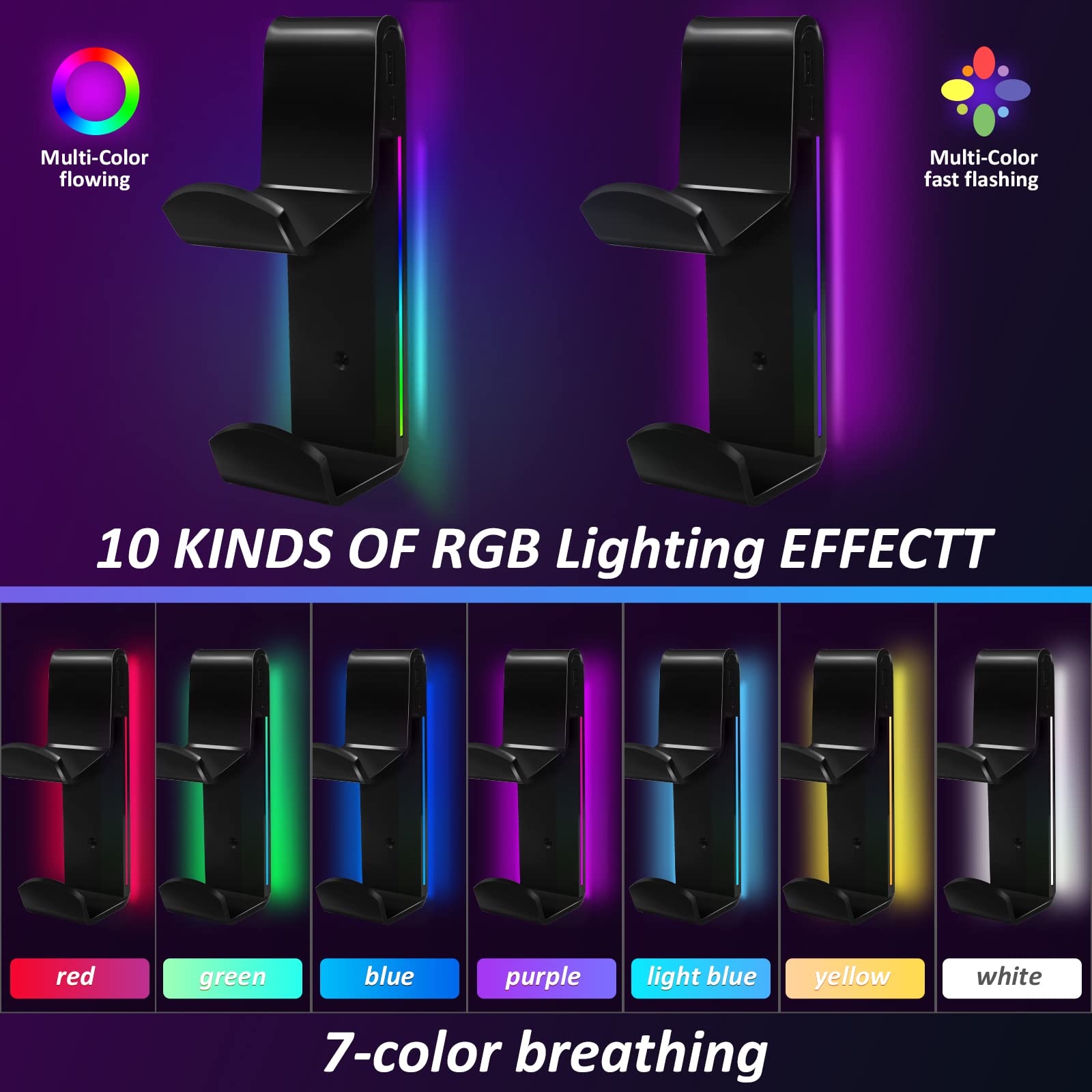 RGB Game Controller Charger & Headset Wall Mount Holder with 10 Lighting Modes & 2 USB Charger Ports, Gamepad & Headphone Hanger for Xbox, Xbox 360, PS3, PS4, PS5, Switch, Great for Gaming Stations, Fancy Desk Gamer Accessories