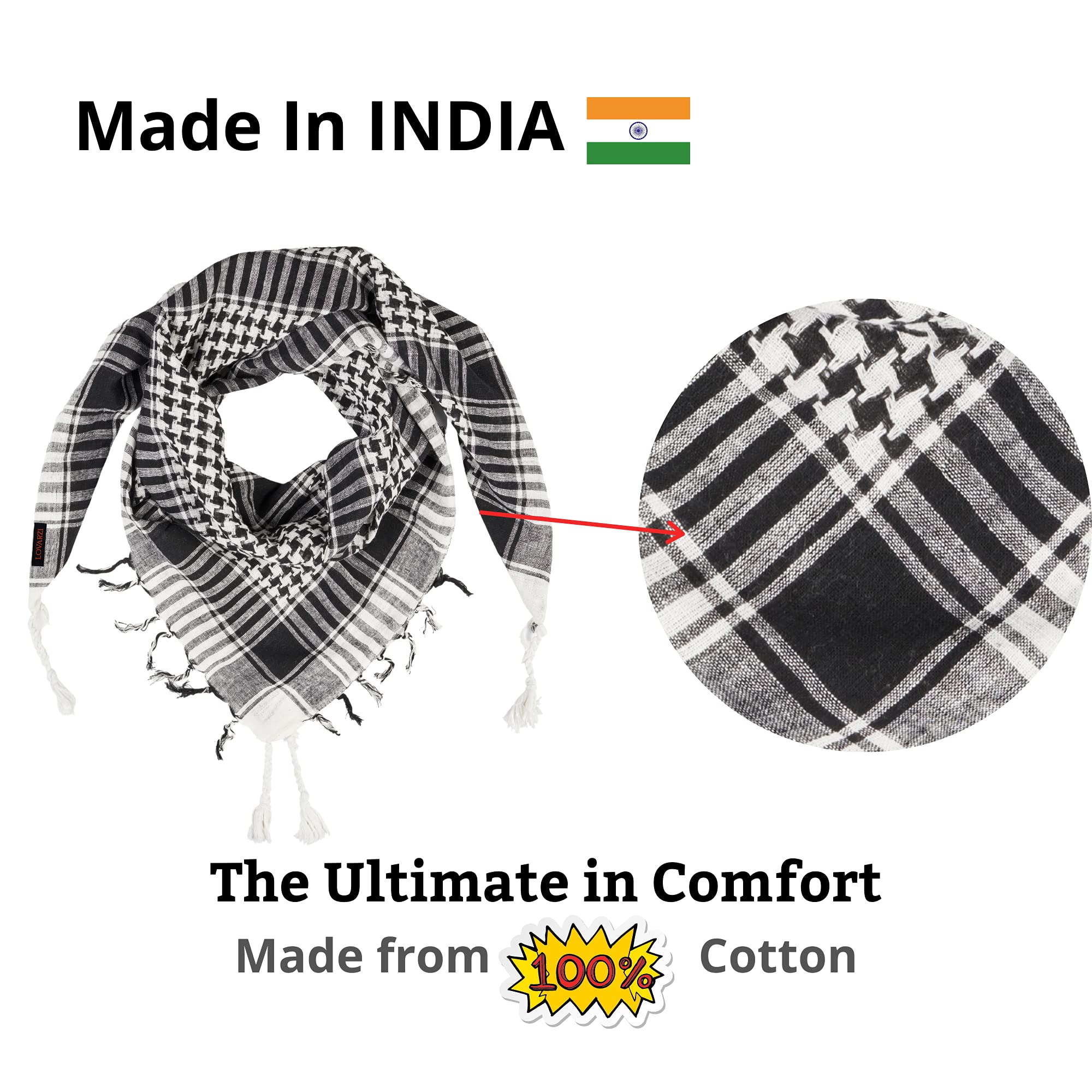 LOVARZI Cotton Shemagh Scarf - Tactical Black & White Arab Palestine Keffiyeh for Men - Lightweight Military Army Scarf