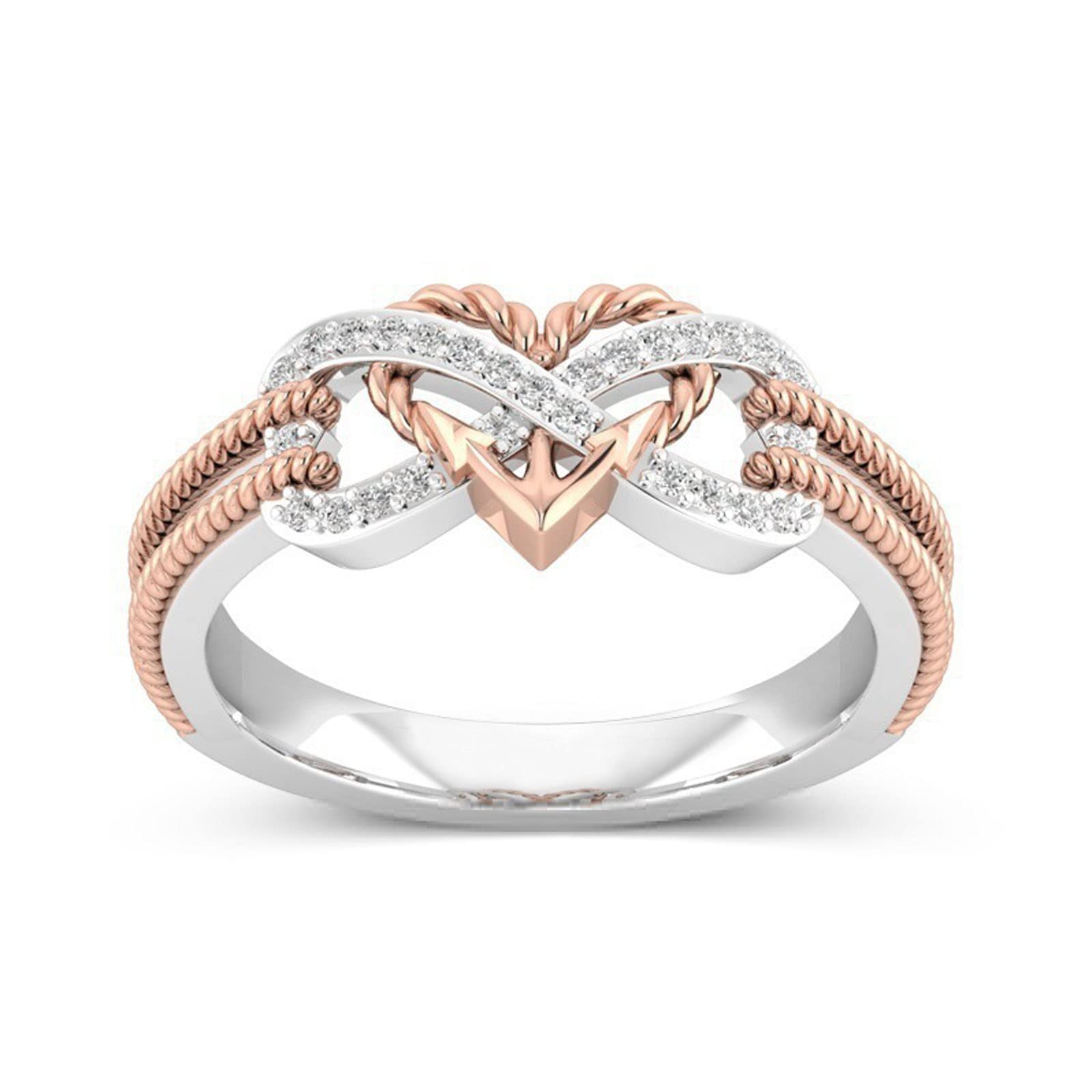 Rose Gold Heart Ring, Two Tone Interlocking Heart Infinity Anchor Rope Promise Ring for Woman, Alloy Materials Size 9