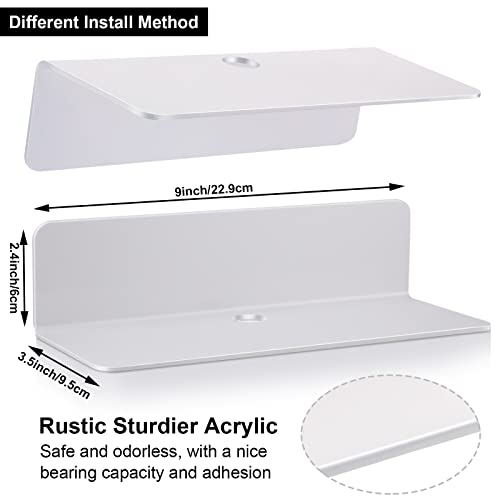Yulejo 9 Inch Floating Shelves Acrylic Wall Mounted Shelf Acrylic Display Shelf Self-Adhesive Wall Shelves for Bedroom, Gaming Room, Living Room, Bathroom, Office with Cable Clips (White,8 Pieces)