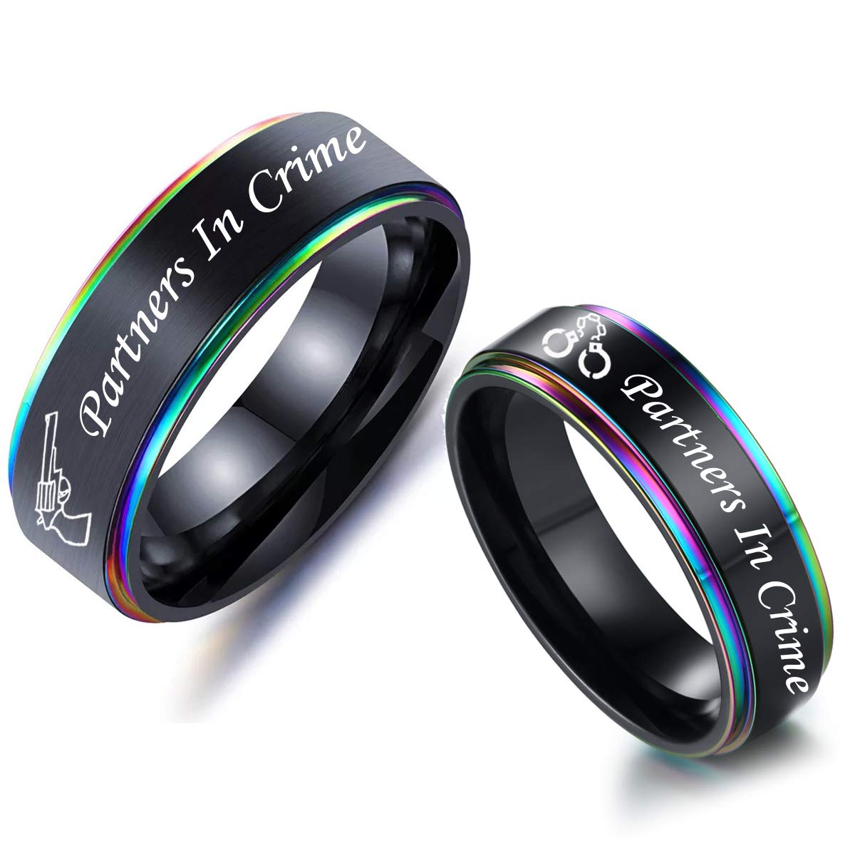 MZZJ Partners in Crime Couple Ring 8MM&6MM Black Brushed 2 Tone Stainless Steel Rainbow Step Edge Wedding Band Engagement Matching Ring for Him Her,Valentine's Day Anniversary Birthday Gift