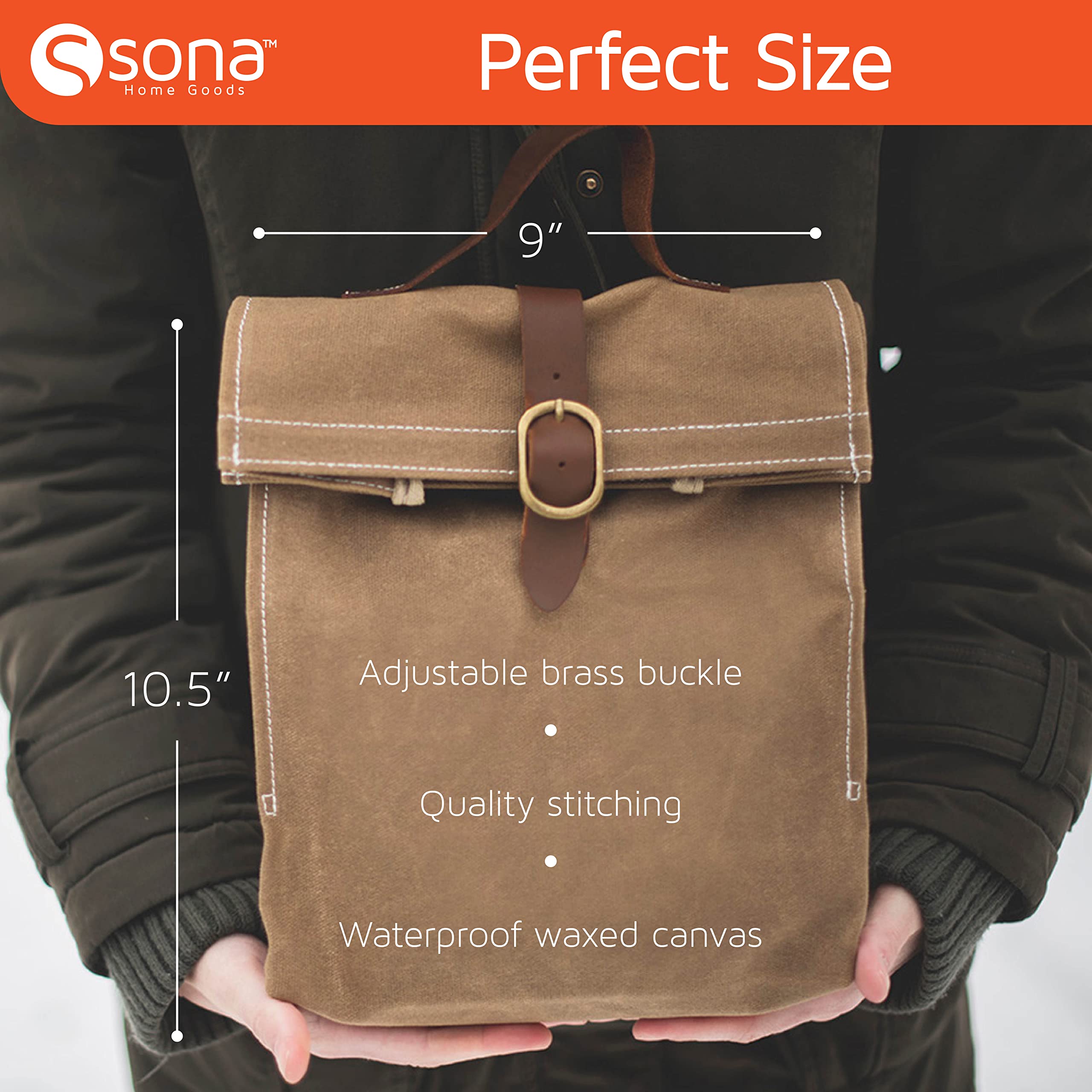 S SONA HOME GOODS Waxed canvas lunch bag, ecofriendly, reusable, brown, for women or men. The perfect large heavy duty lunch box for meal prep, work, or travel.