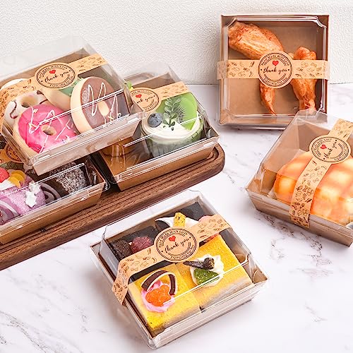 Paper Charcuterie Boxes with Clear Lids and Stickers - 50 SETS 4 Inches Square Disposable Food Containers Bakery Boxes for Bakery, Macaron, Sandwich, Slice Cake, Cookies, Hot Cocoa Bombs, Strawberries (Brown)
