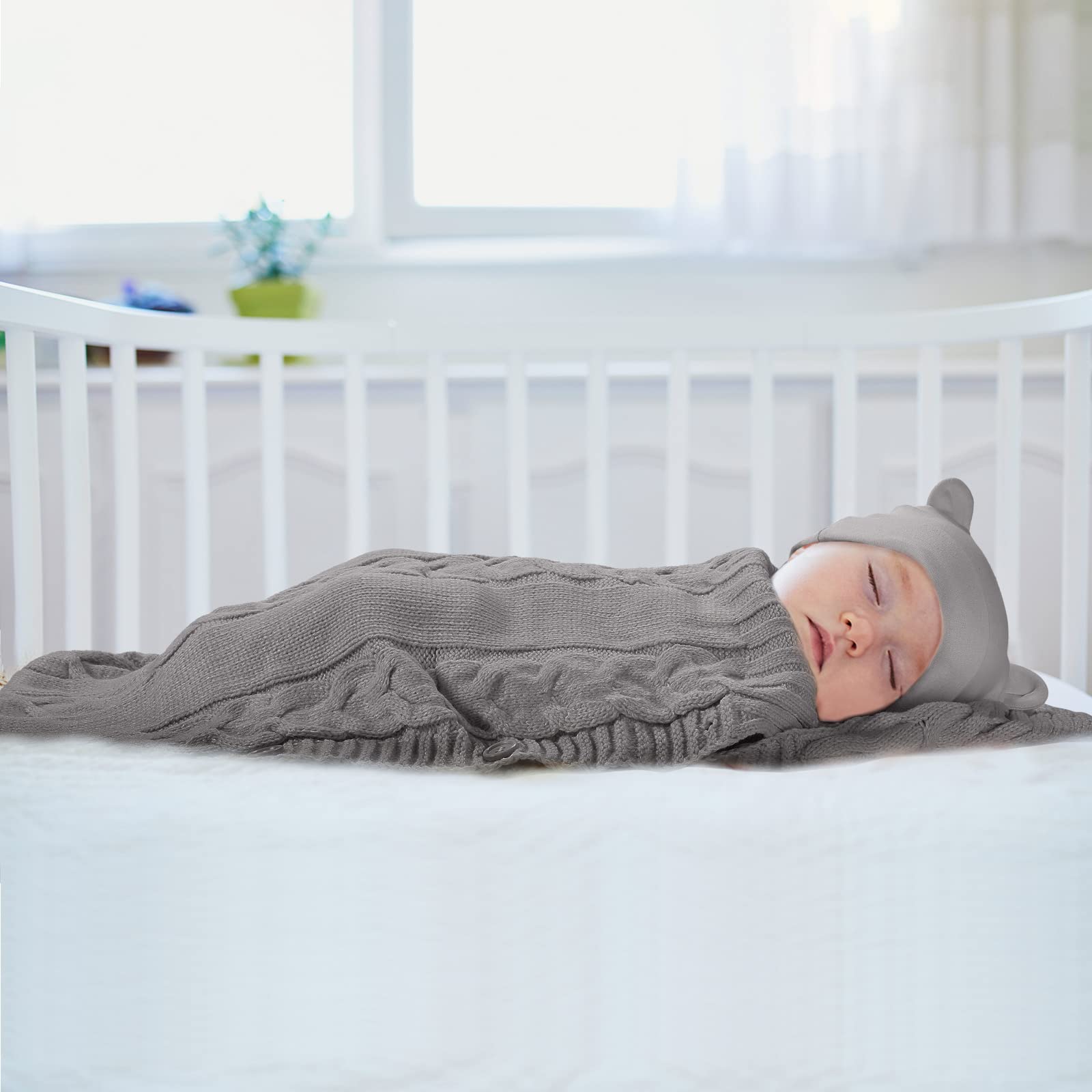 Zhanmai Newborn Baby Wrap Swaddle Blanket Knit Sleeping Bag Receiving Blankets Stroller Wrap Hat Mitten for Baby 9-12 Months