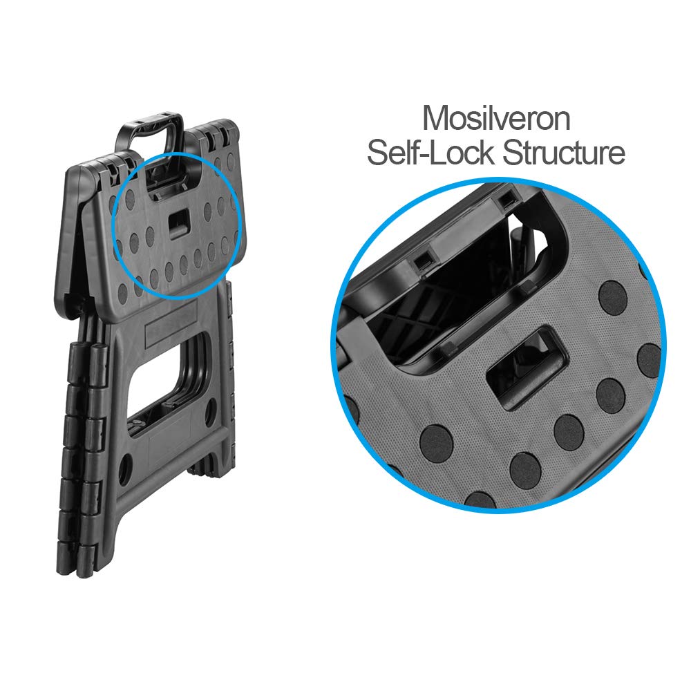 MOSILVERON Self-Lock Folding Step Stool with Locking Sturdy Enough to Support Adults and Safe. Opens Easy with One Flip (1 Pack Black)