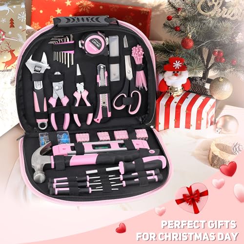 TOPLINE 208-Piece Pink Tool Kits for Women with Round Pouch, Small Tools Kit for Apartment, Home, Household Ladies Pink Tool Set for Best Gifts and Home Maintenance