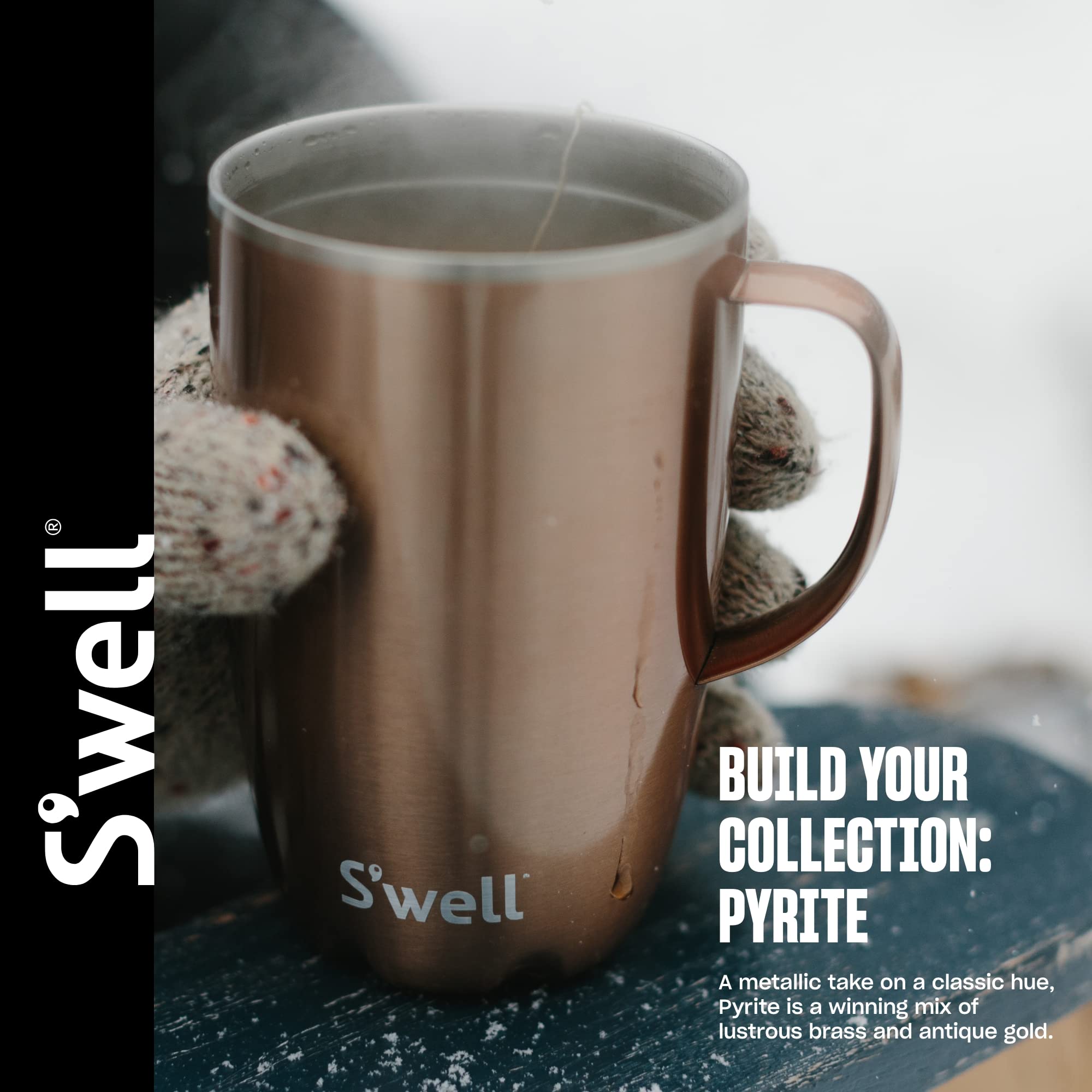 S'well Mug with Handle, Pyrite, 350ml. Vacuum Insulated Stainless Steel Travel Mug with Handle, On-The-Go Travel Cup with Slide-Open Lid - Dishwasher Safe
