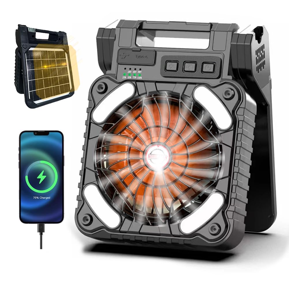 Sireck Solar Powered Camping Fan with LED Lantern,10000mAh Rechargeable Battery Operated Portable Fan,4 Speeds/Timer/Power Bank 90° Folding USB Personal Desk Fan (Black&Orange)