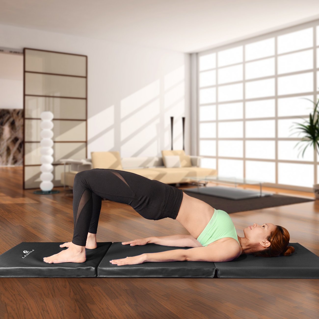 LESMILE Gymnastic Mats Waterproof PU Leather Thick Folding Exercise Gym Mats Tumbling Mats with Carrying Handles 6' x 2' Black