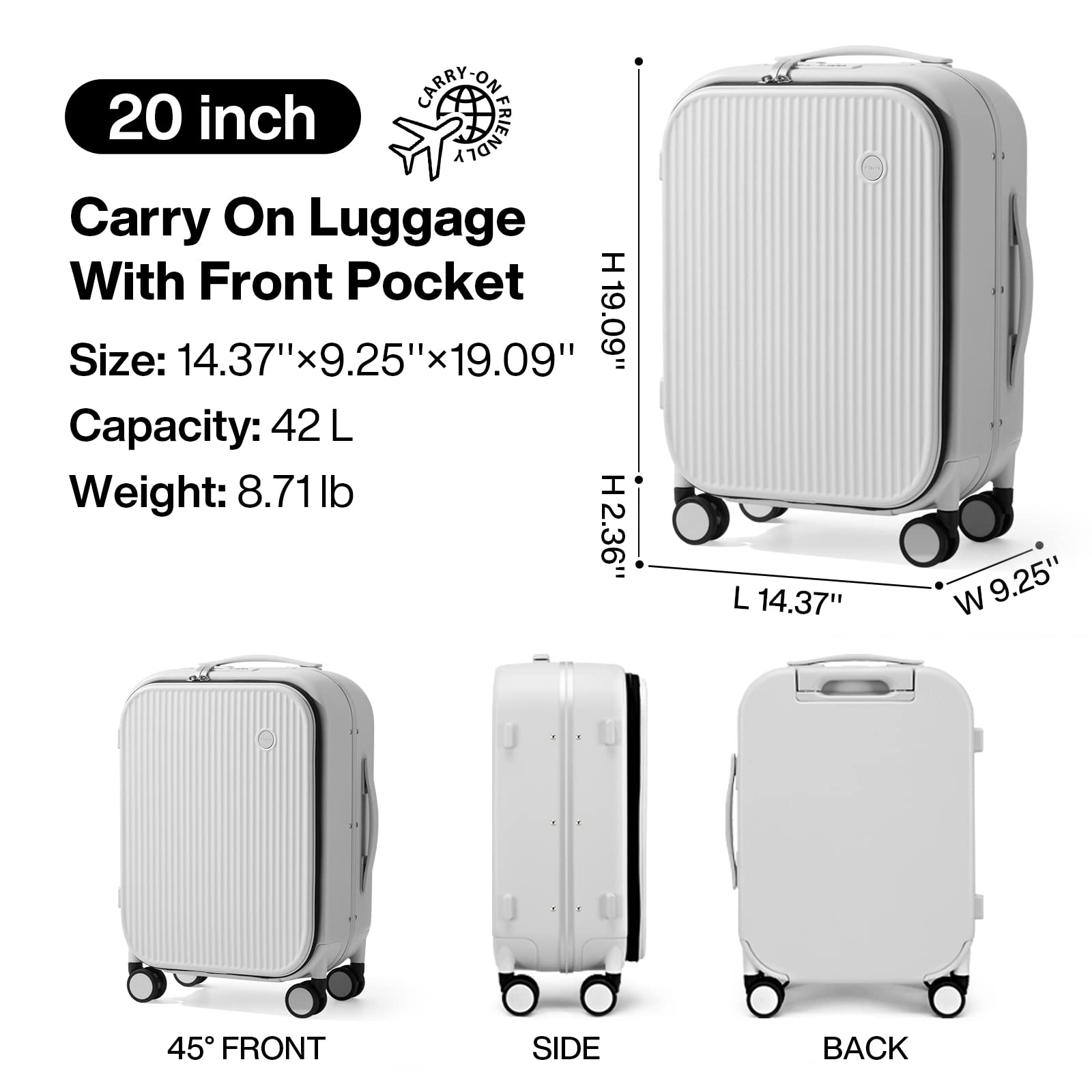 mixi Carry On Luggage, 18'' Suitcases with Spinner Wheels, Rolling Travel Suitcase with Front Laptop Pocket Luggage Aluminum Frame PC Hardside with TSA Lock and Cover, Smoke White