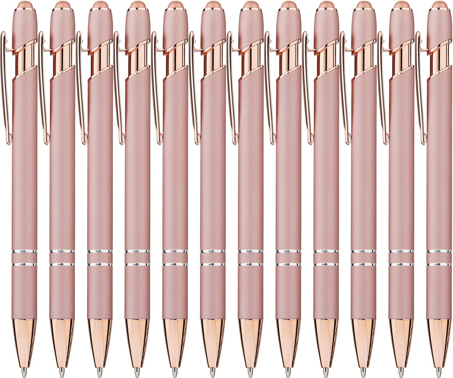 LINFANC 12 Pack Rose Gold Ballpoint Pen with Stylus Tip, 1.0 mm Black Ink Smooth Writing Pens, Metal Stylus Pens for Touch Screens