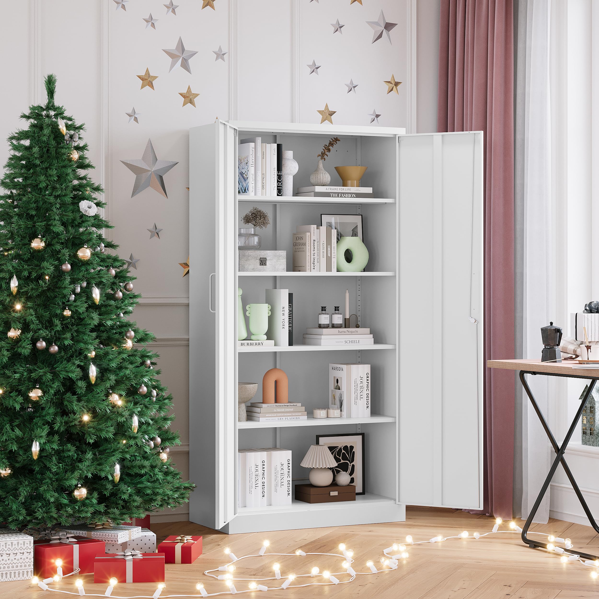 Letaya Metal Storage Cabinets with Lock Door,Steel Locker Garage Cabinets 5 Adjustable Shelves for Home,Office, Warehouse(White)