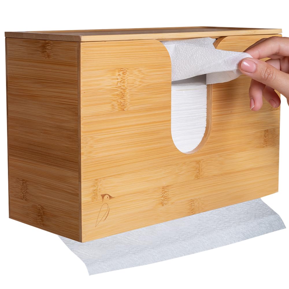 Paper Towel Dispenser Bamboo - Wall Mount & Countertop - Multifold, Trifold Hand Towel, Folded Paper & Napkin Holder - Eco-Friendly Bathroom Towel Dispenser Solution for Home & Office