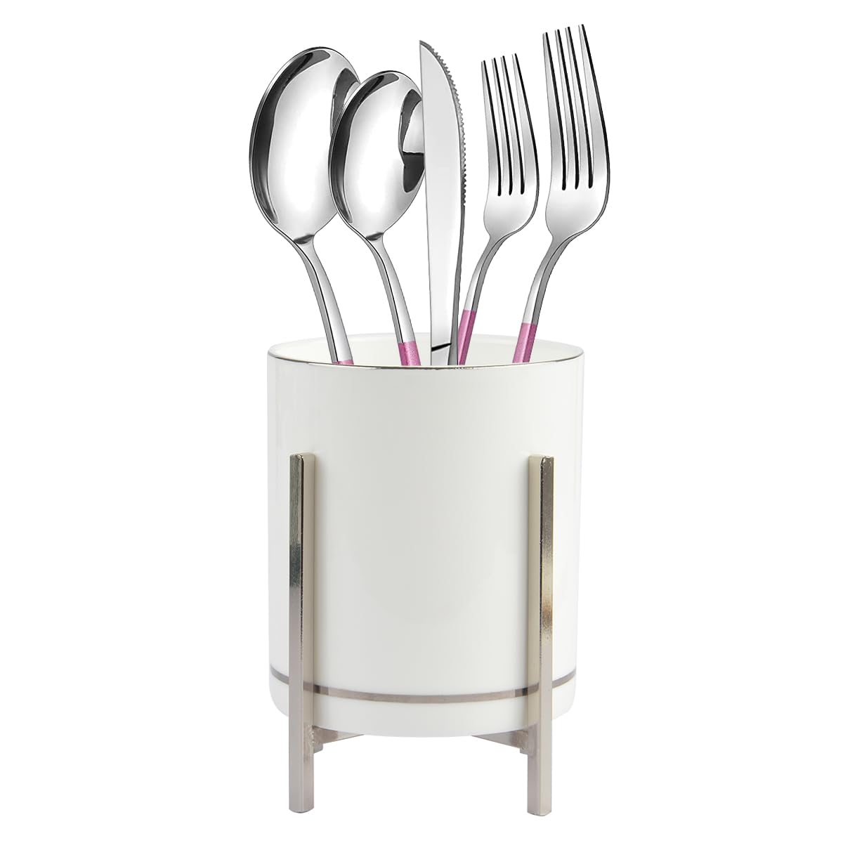 MONOSUGO Farmhouse Flatware Holder for Dinner Table, Countertop Silverware Organizer, Decorative Cutlery Utensil Caddy for Kitchen or Parties, Spoon Fork Knife Organizer, Cup with Silver Trim, 1 Pcs