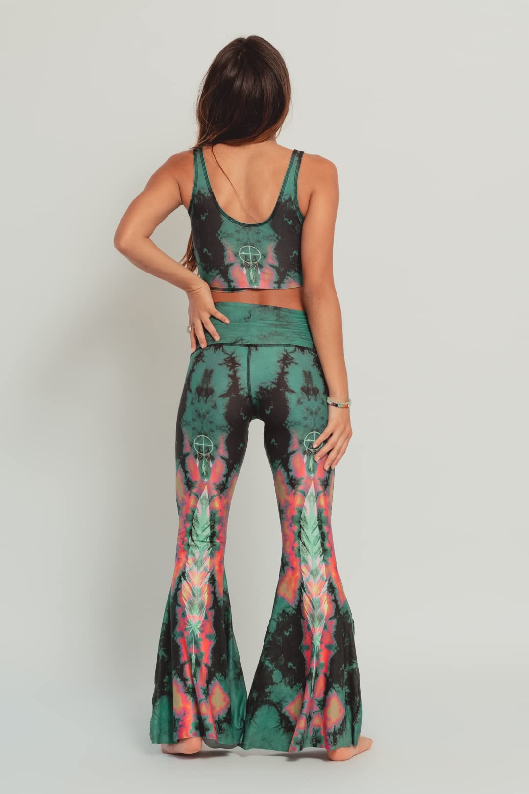 teeki Eagle Feather Green Crop Bell Bottom Pant for Women - Large