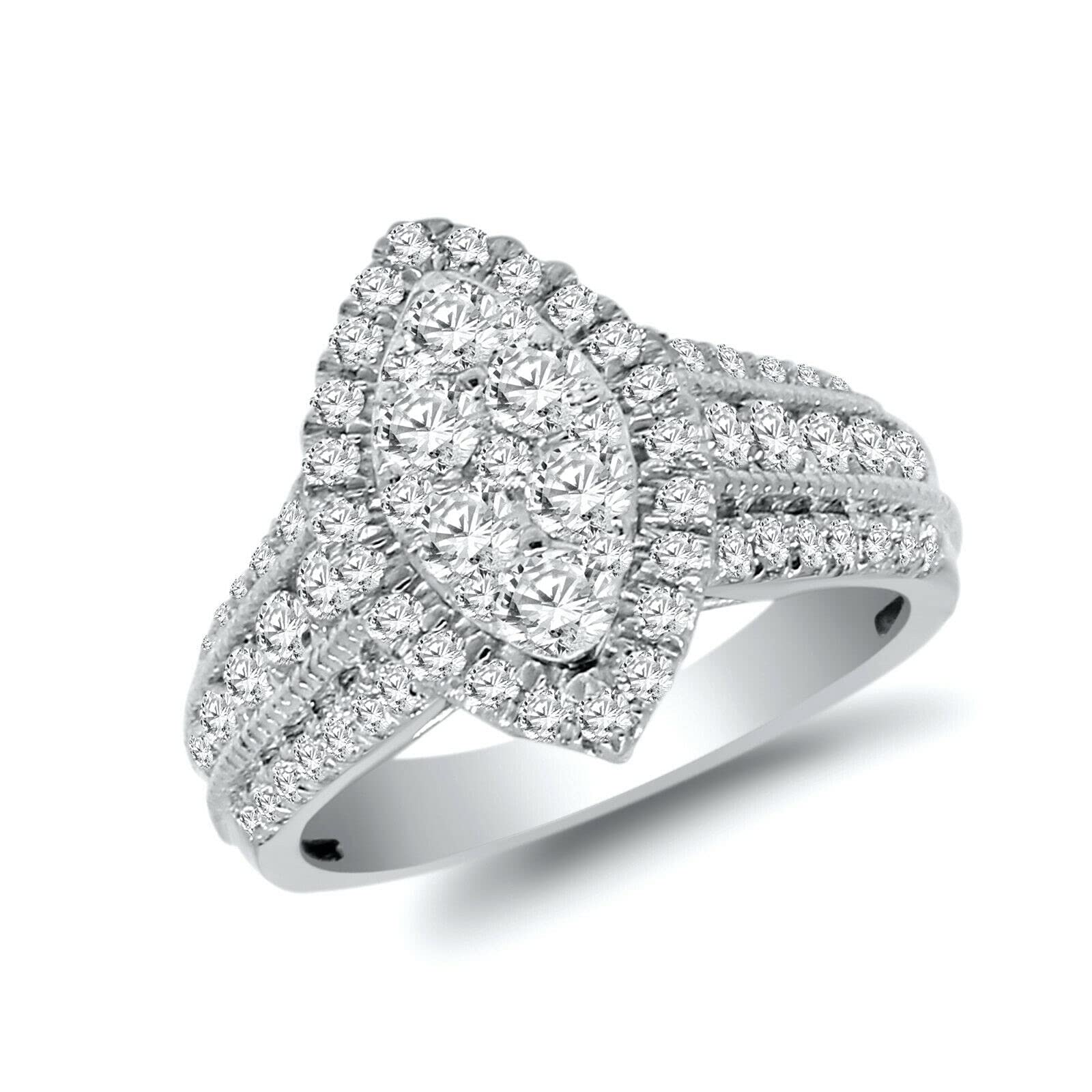Palaksh Round Cut White Diamond 925 Sterling Silver 14K White Gold Finish Diamond Cluster Marquise Shaped Engagement Ring for Women's