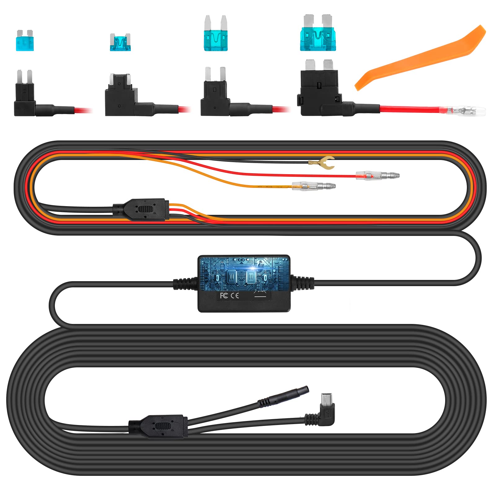 NexiGo Dash Cam Hardwire Kit with Fuse Kit for D621, 11.48FT Hardwire Kit for Dash Cam with USB-C Port, Low Voltage Protection, 12V-24V to 5V/3A