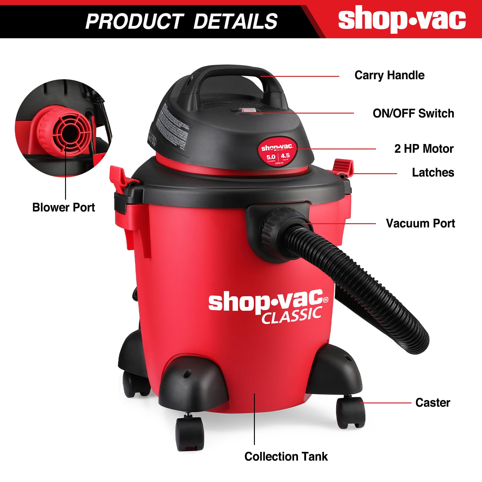 Shop-Vac 5 Gallon 4.5 Peak HP Wet/Dry Vacuum, Portable Heavy-Duty Shop Vacuum 3 in 1 Function with Attachments for House, Garage, Car & Workshop, 5971536