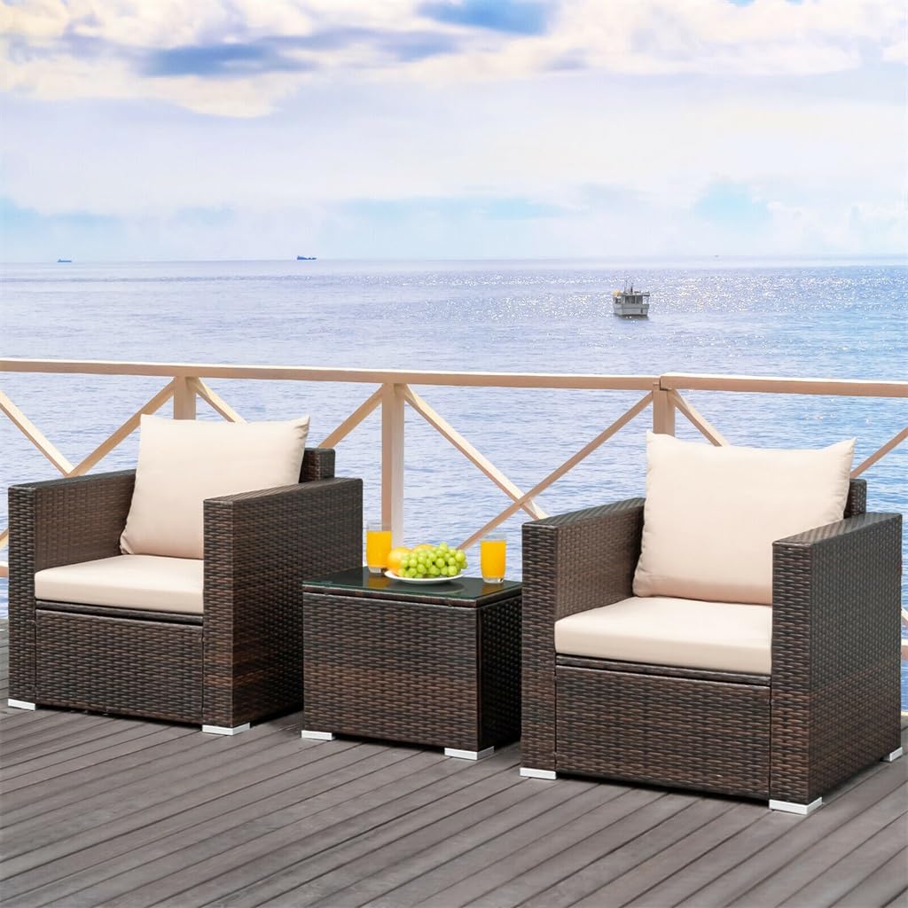 LIUJUN 3PCS Patio Rattan Furniture Set Conversation Wicker Sofa Set W/Cushion Garden