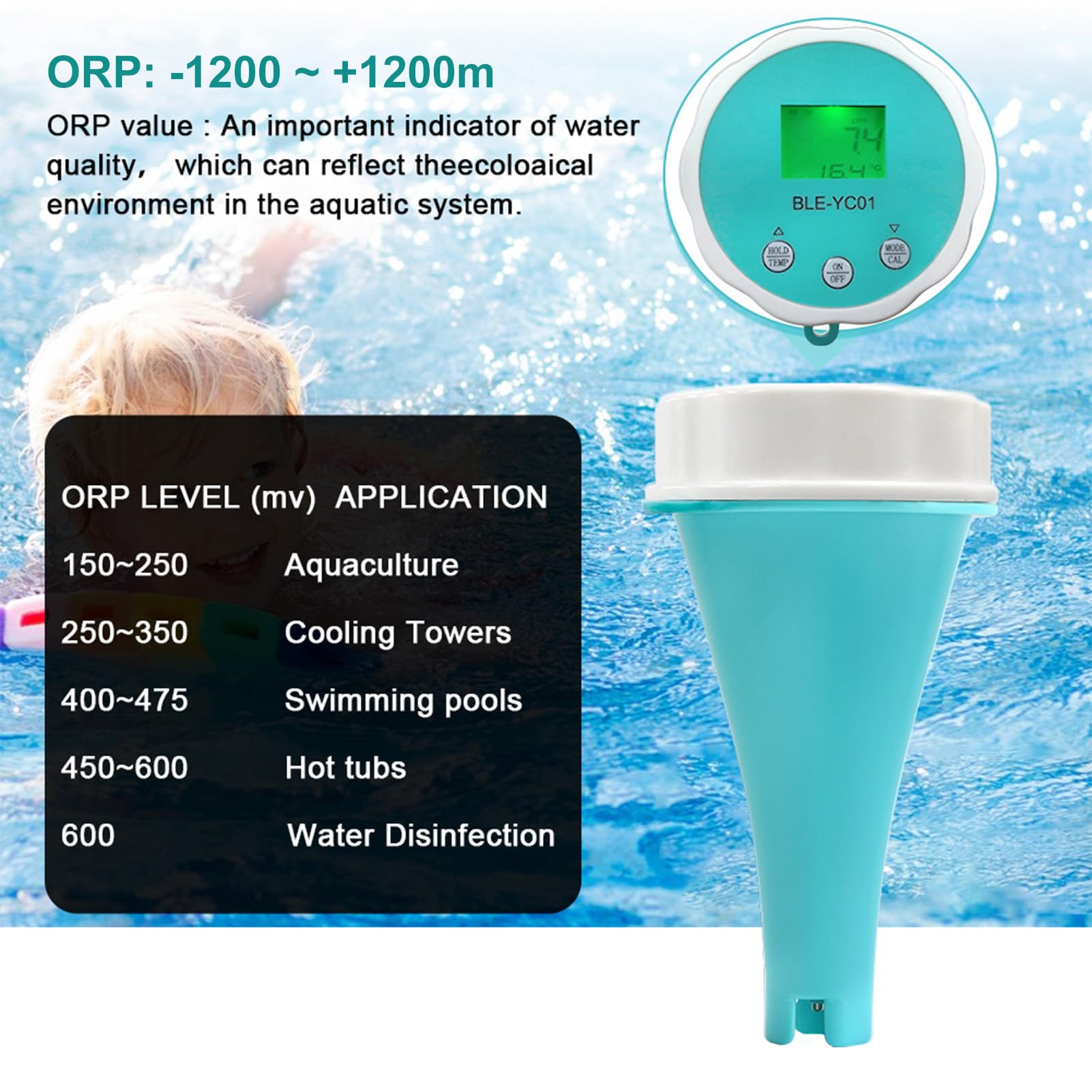 Water Testing Meter, Data Synchronization Display Bluetooth Control IP67 Waterproof 6 in 1 PH EC TDS ORP Temp Residual Chlorine Water Tester Pen, Auto Data Stroage for Pool