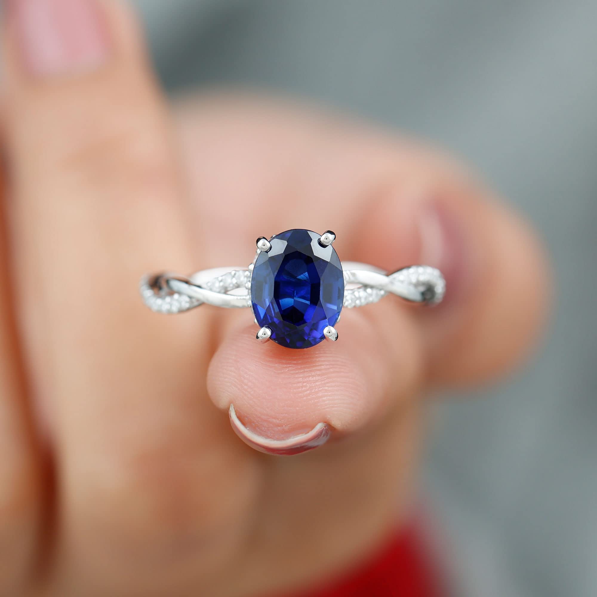Rosec Jewels Lab Grown Blue Sapphire 8X10mm Oval Engagement Ring, AAAA Quality, Sapphire Diamond Ring (Ready to Gift), 14K White Gold, Size:US 8.50