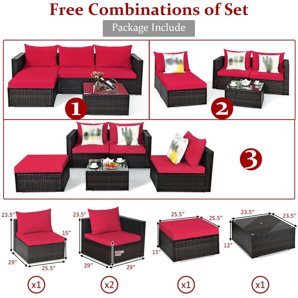 LIUJUN 5PCS Patio Rattan Furniture Set Sectional Conversation Sofa W/Coffee Table Red