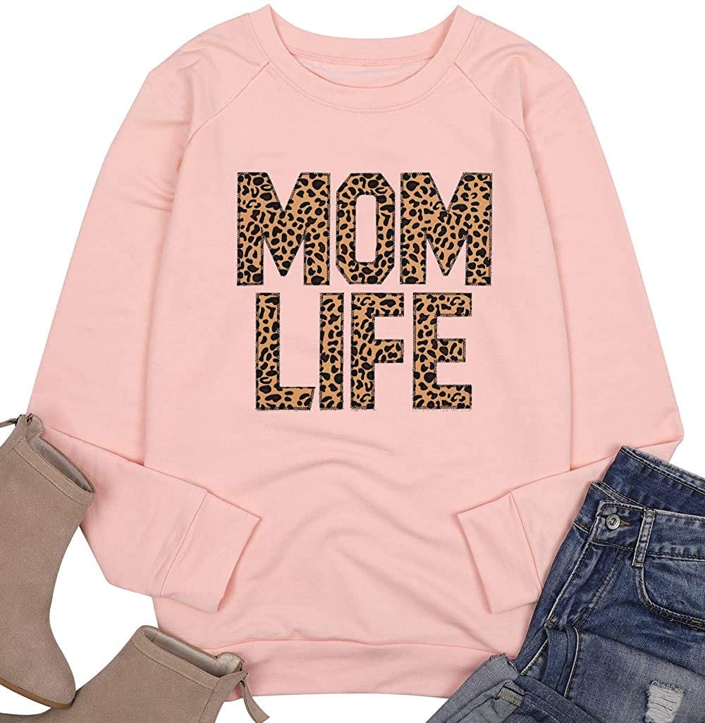 MOUSYA Mom Life Tops Women Mom Letter Printed Sweatshirt Leopard Graphic Casual Long Sleeve Crew Neck Pullover Tops (Small, A_pink)