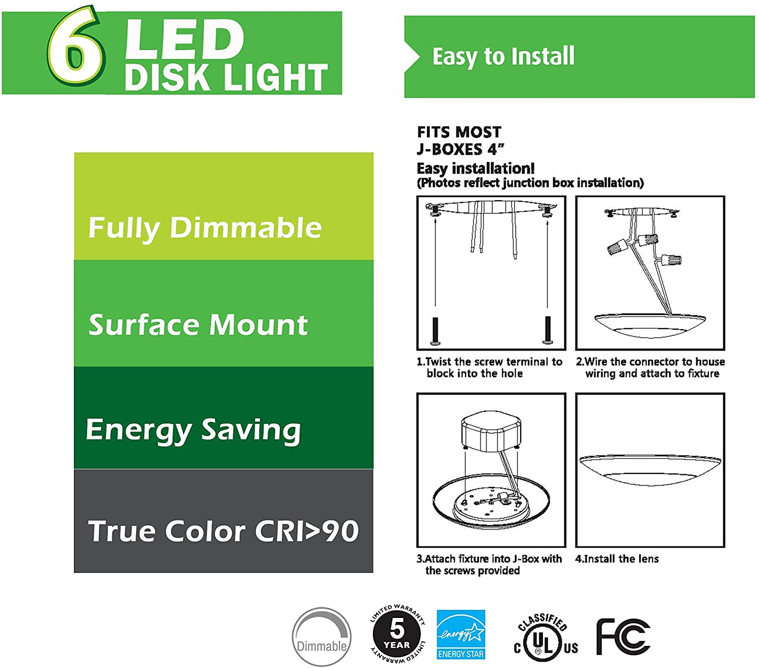 Lunabode LED 7.5" Dimmable LED Disk Light Flush Mount, Ceiling Light, Light Fixture, LED Lights, 15W (120W Equivalent), 120V, 5000K, Wet Location LED Light, 4/6" J-Box (Bright White, 6 Pack)