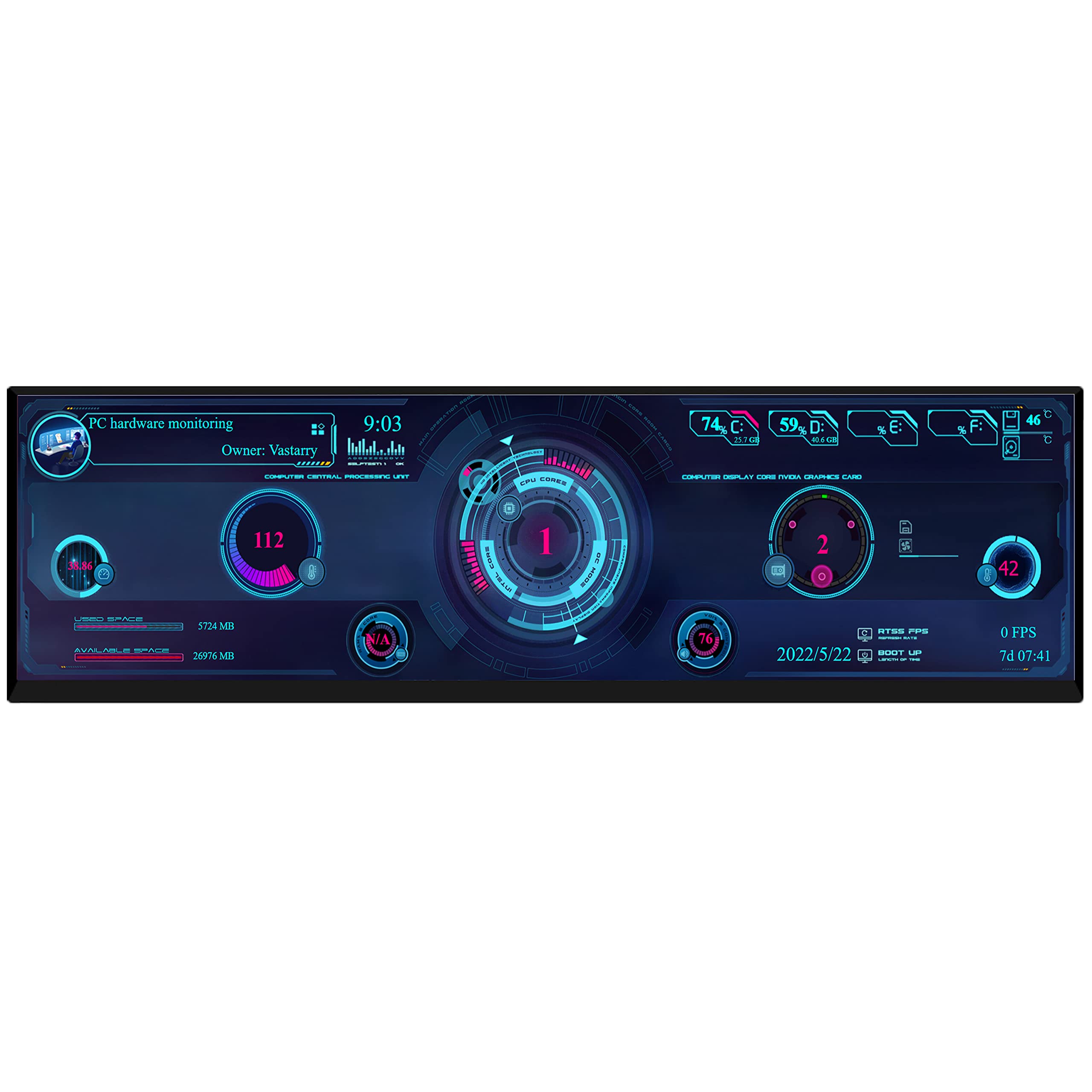 Vastarry 12.6 inch Monitor, Suitable for AIDA64 Hardware Monitor Panel Monitor, Dynamic Computer case Light Board, Computer Hardware Health Monitor Panel, DIY Music Spectrum. (NO casing)
