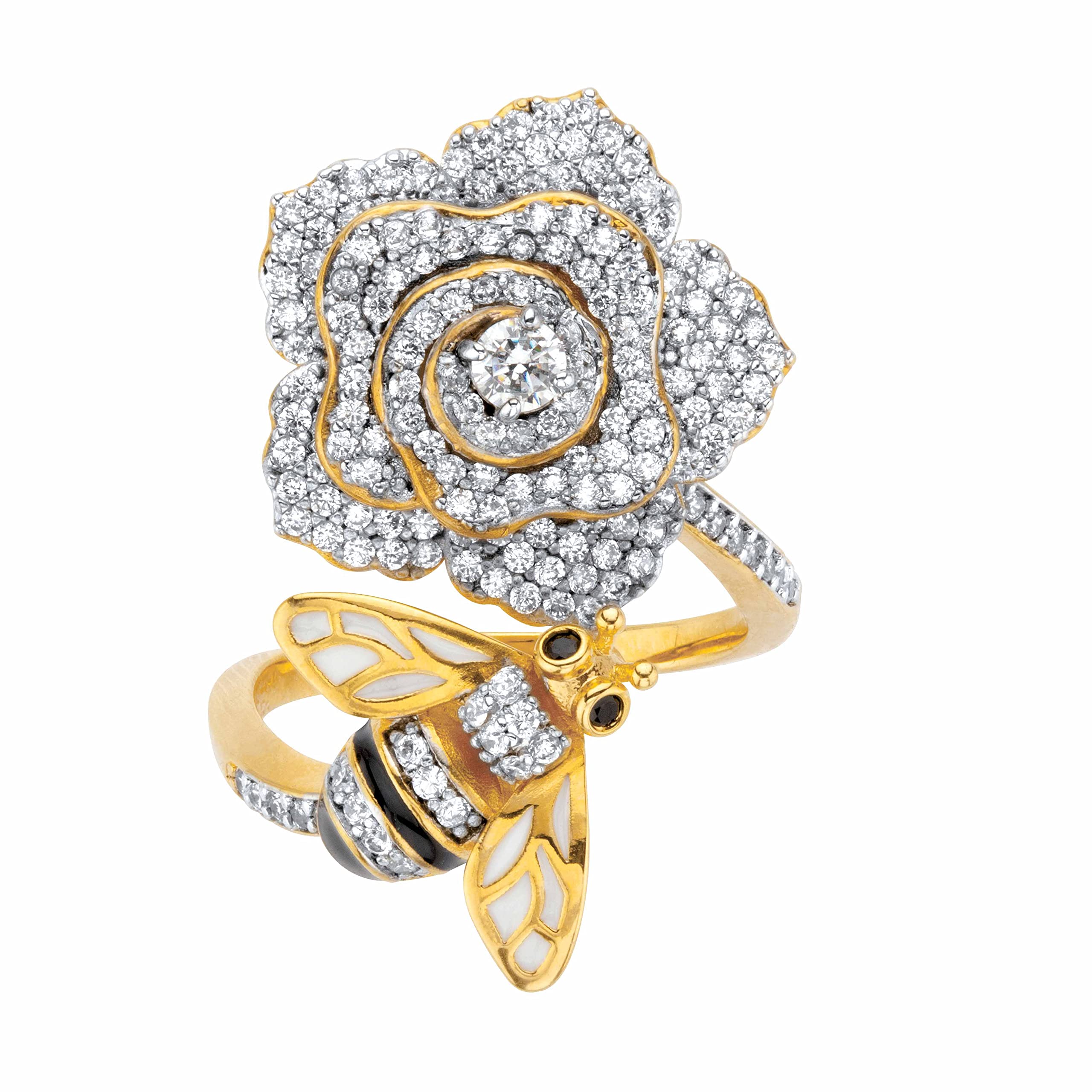 PalmBeach Jewelry Yellow Gold-Plated or Platinum-Plated Round Cubic Zirconia Flower and Bee Ring Size 8