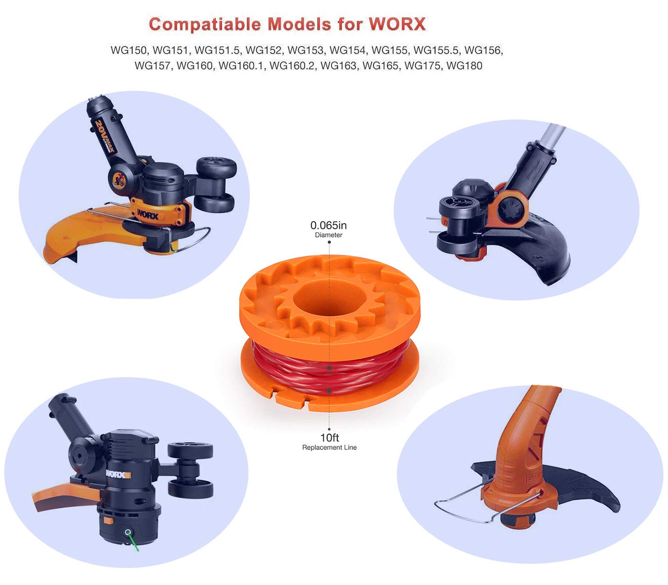 Line String Trimmer Replacement Spool,10ft 0.065" Replacement Autofeed Edger Spool Compatible with Worx WG180 WG163 WG175 WA0010 (13 Pack) Weed Eater String,Weed Wacker Spool Replacement Parts