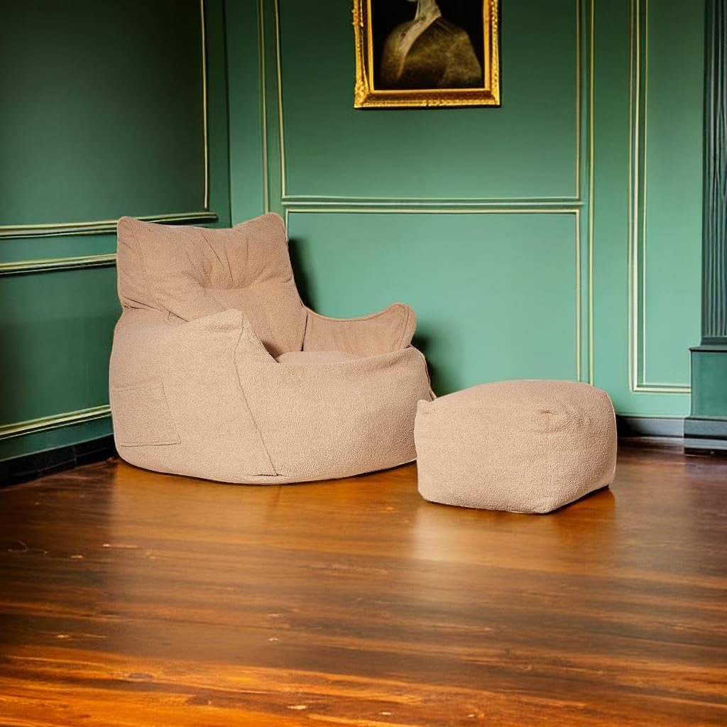 Large Bean Bag Chair for Adults, Giant Beanbag Chairs with filling, Beanbag chair with ottman, Soft Surface, High-Density Foam Filling, for sleeping and relaxing (CHAMPAGNE)