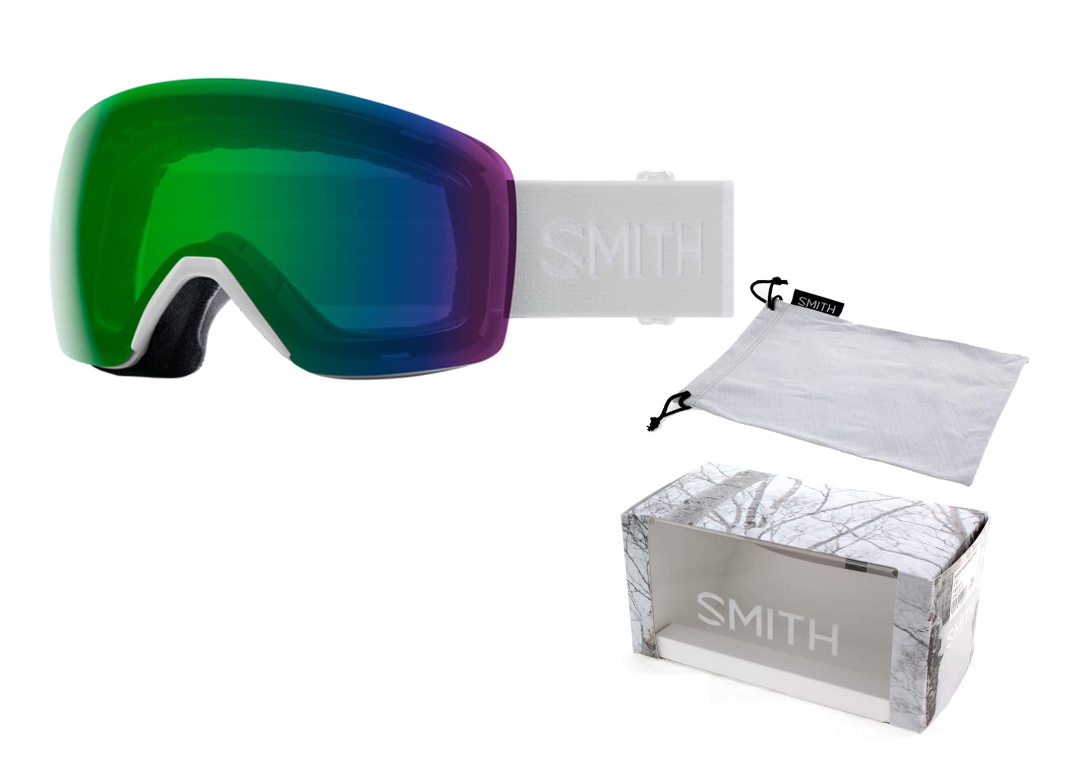 SMITH Skyline White Vapor/ChromaPop Everyday Green Mirror Medium fit Ski Goggles for Men for Women BUNDLE with Designer iWear Eyewear Kit