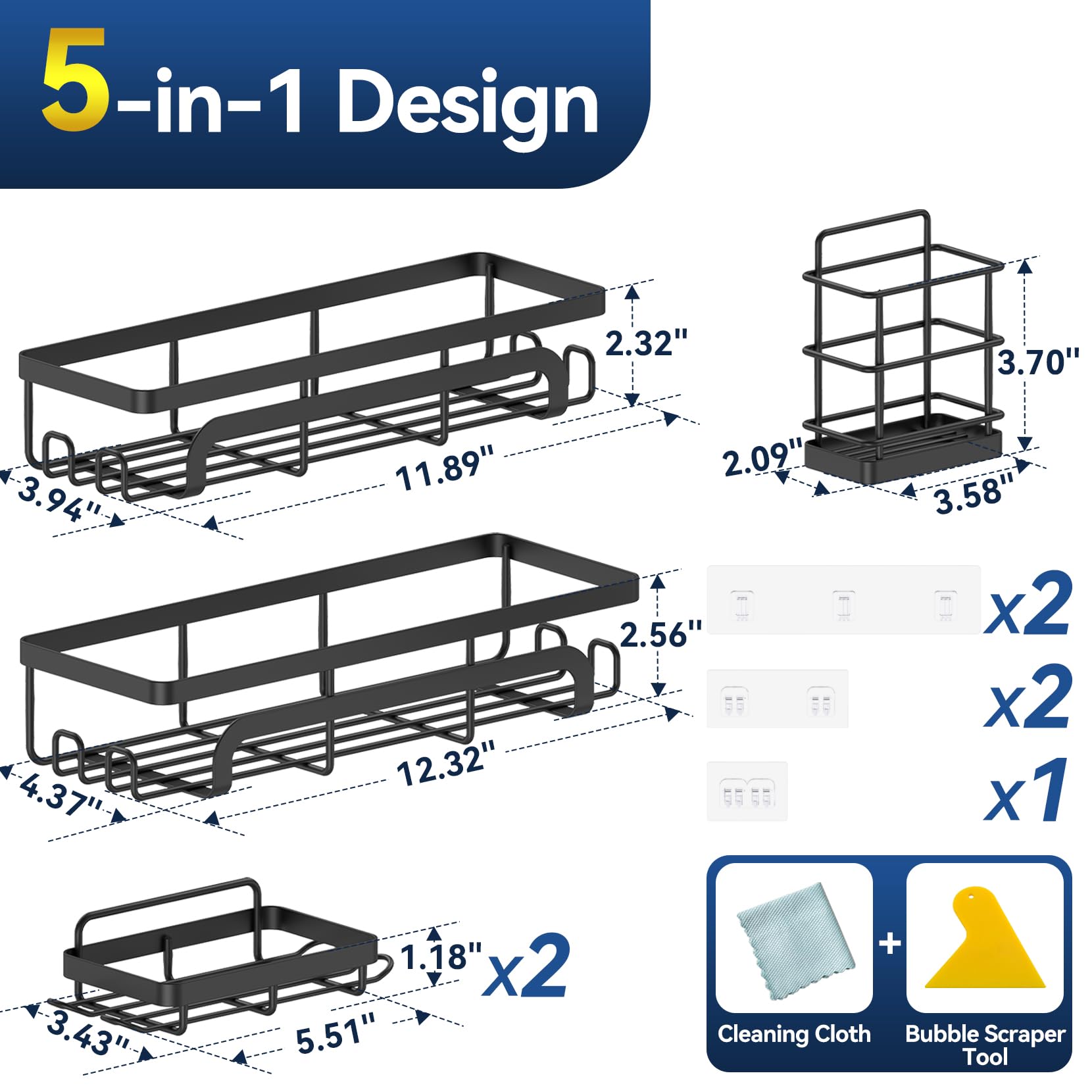YASONIC Adhesive Shower Caddy, 5 Pack Shower Organizer with Soap Holder - No Drilling, Rustproof Shower Shelves, Shower Organizers and Storage for Inside Shower, Black