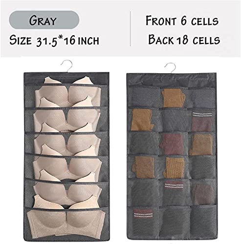 YUNZSXJY Durable Hanging Closet Organizer for Underwear Double Sided with Mesh Pockets,Space Saving Storage Pocket Bra Clothes Socks Organizer Home Basics. (Gray, 2PCS 6+18 Pockets)