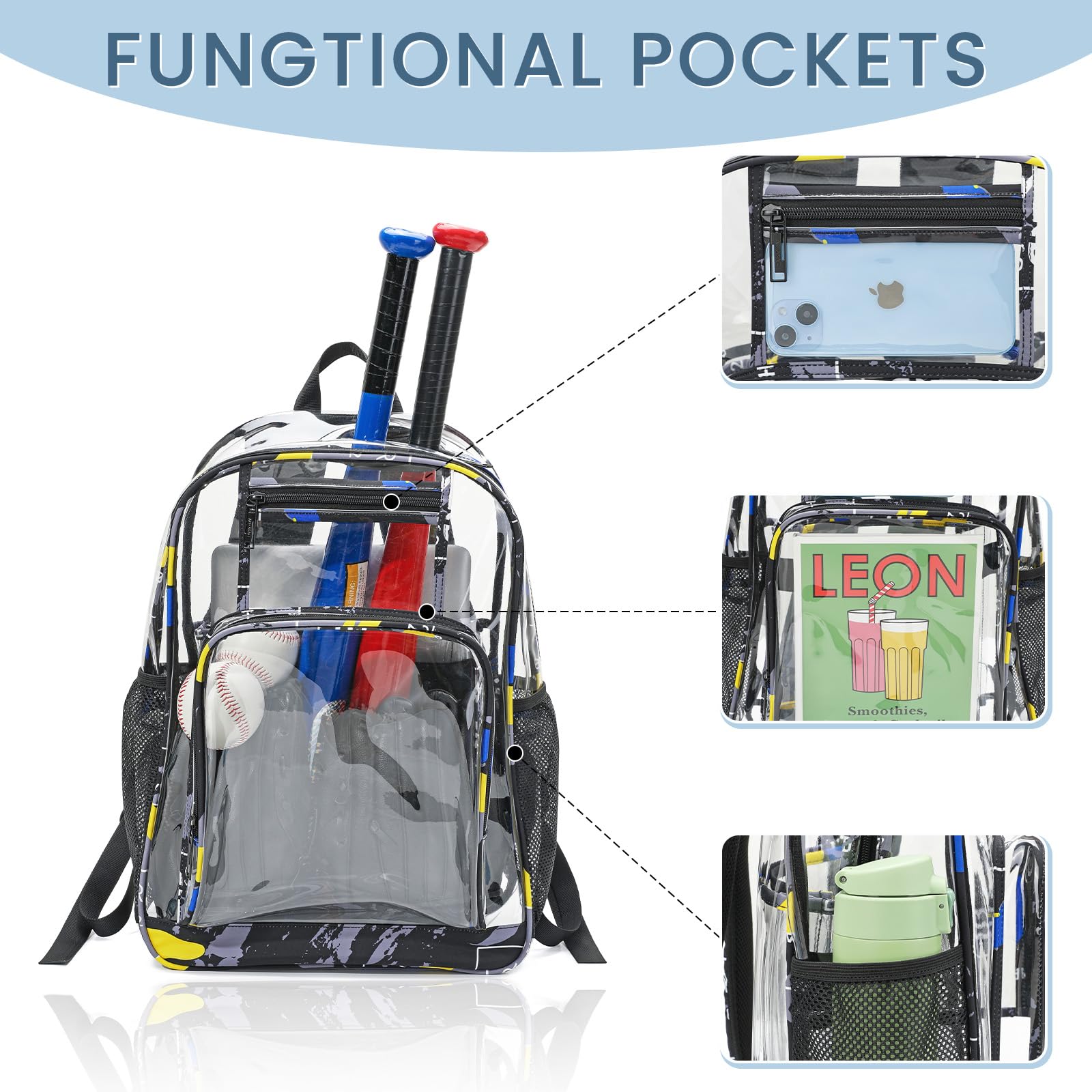 LISINUO Clear Backpack Heavy Duty PVC Transparent Backpacks for Stadium Approved Send Stickers (Yellow)