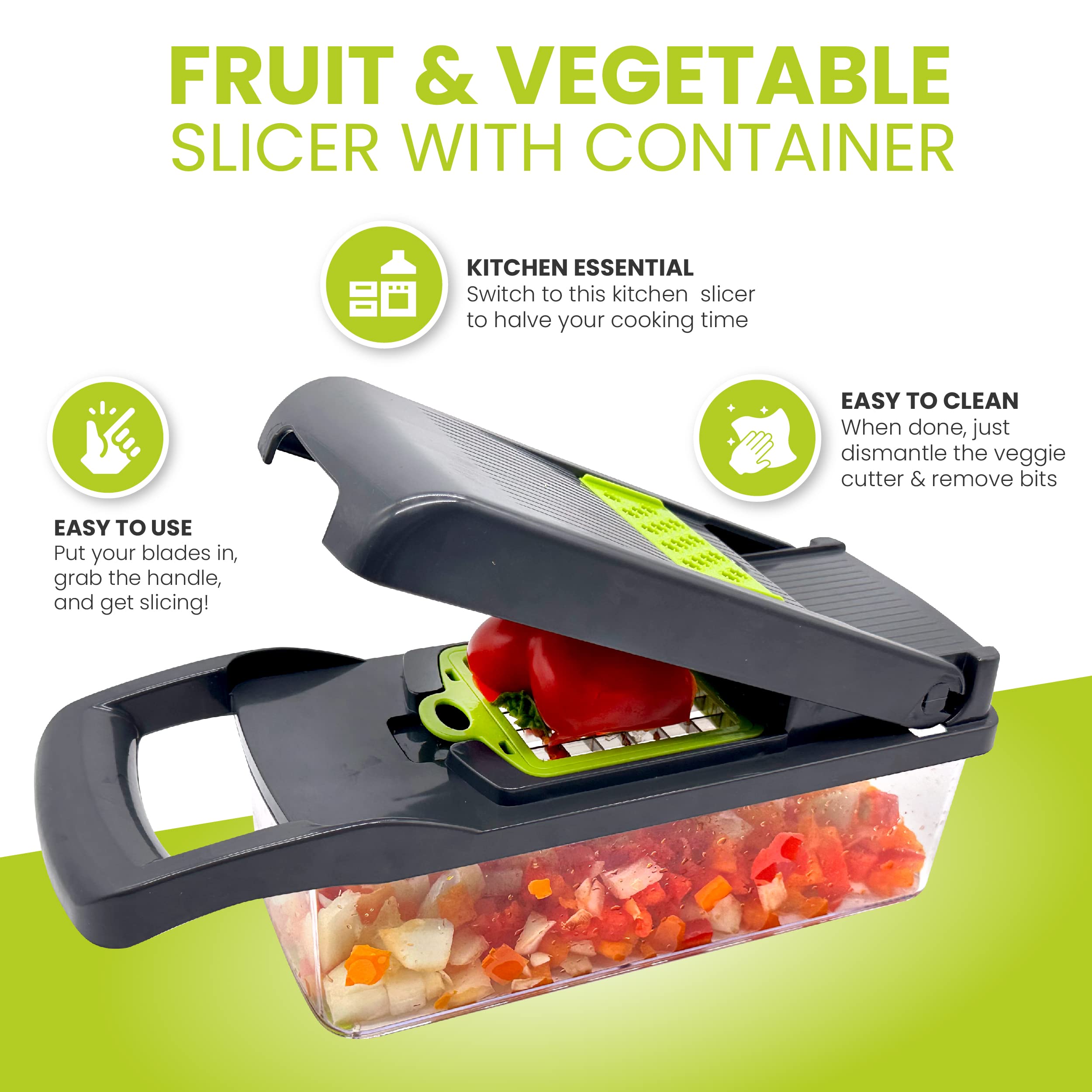 Lovelybren 12-in1 Vegetable Chopper - Heavy Duty Mandoline Slicer For Kitchen With 7 Blades, Egg Separator, Strainer - Fruit & Vegetable Slicer With Container - Hand-Wash - 13.4x4.7x4.9", Gray