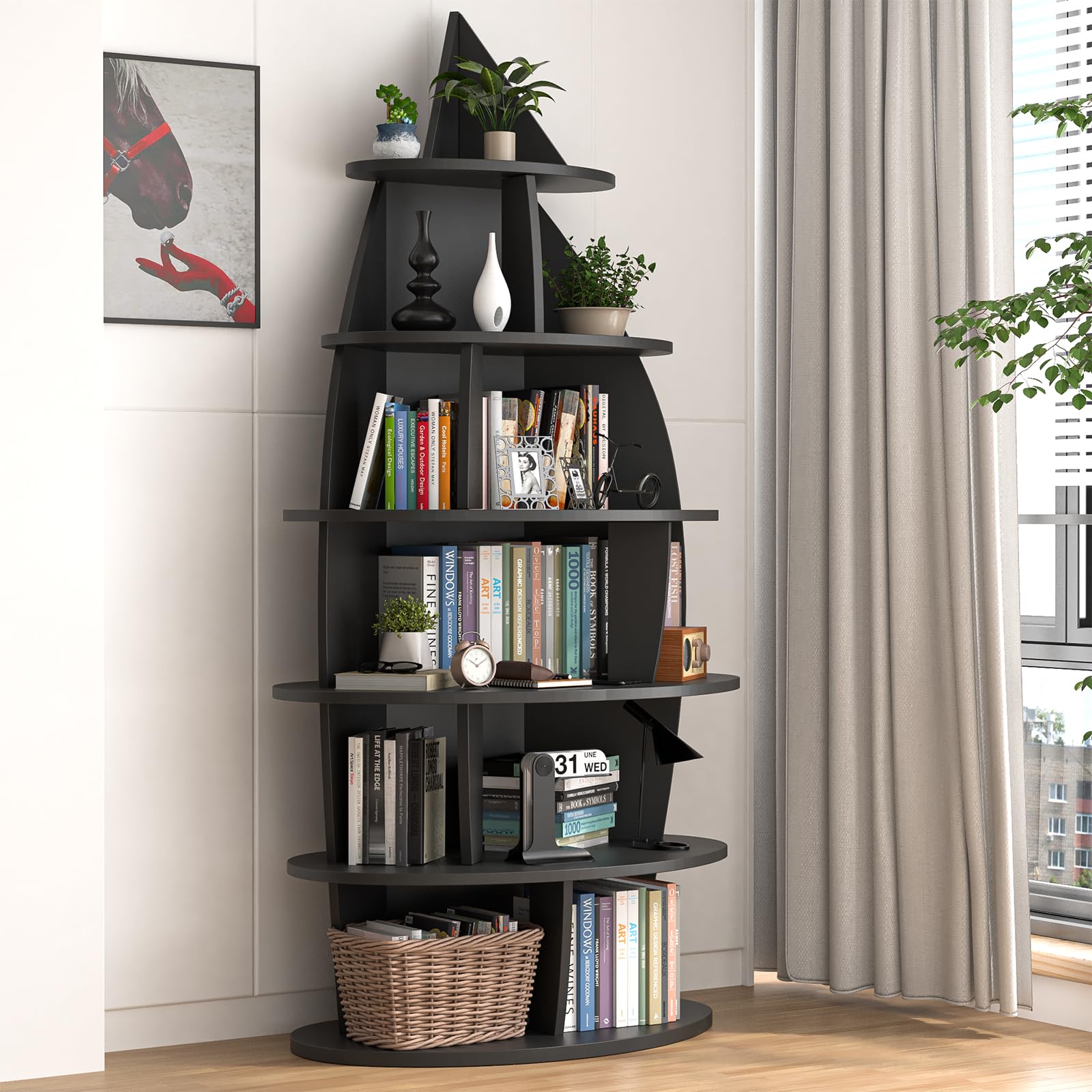 Yeyawomy 71" Tall 6 Tier Bookshelf Sailboat 360 Degree Display Floor Standing Bookcase Storage Rack for Kids&Adults Multi-Functional Bookshelf Organizer