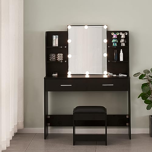 Livavege Vanity Desk with Mirror and LED Lights, Makeup Vanity Table with 2 Drawers, 6 Storage Shelves, Cushioned Stool, 3 Color Light Options Adjustable Brightness, Dressing Table Set for Bedroom