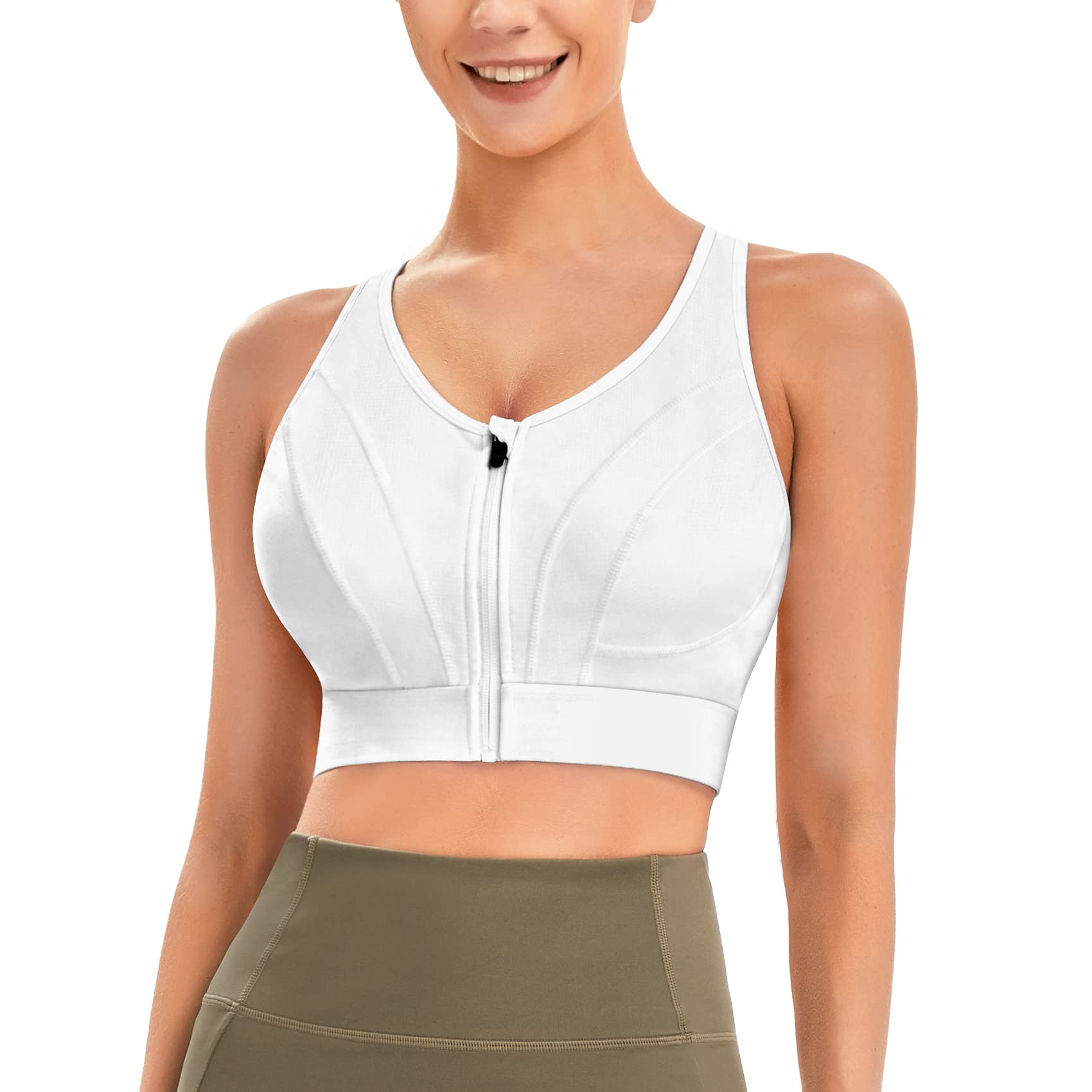 Rolewpy High Impact Front Closure Sports Bras for Women with Zipper Workout Bras Full Coverage Padded Racerback Bra White