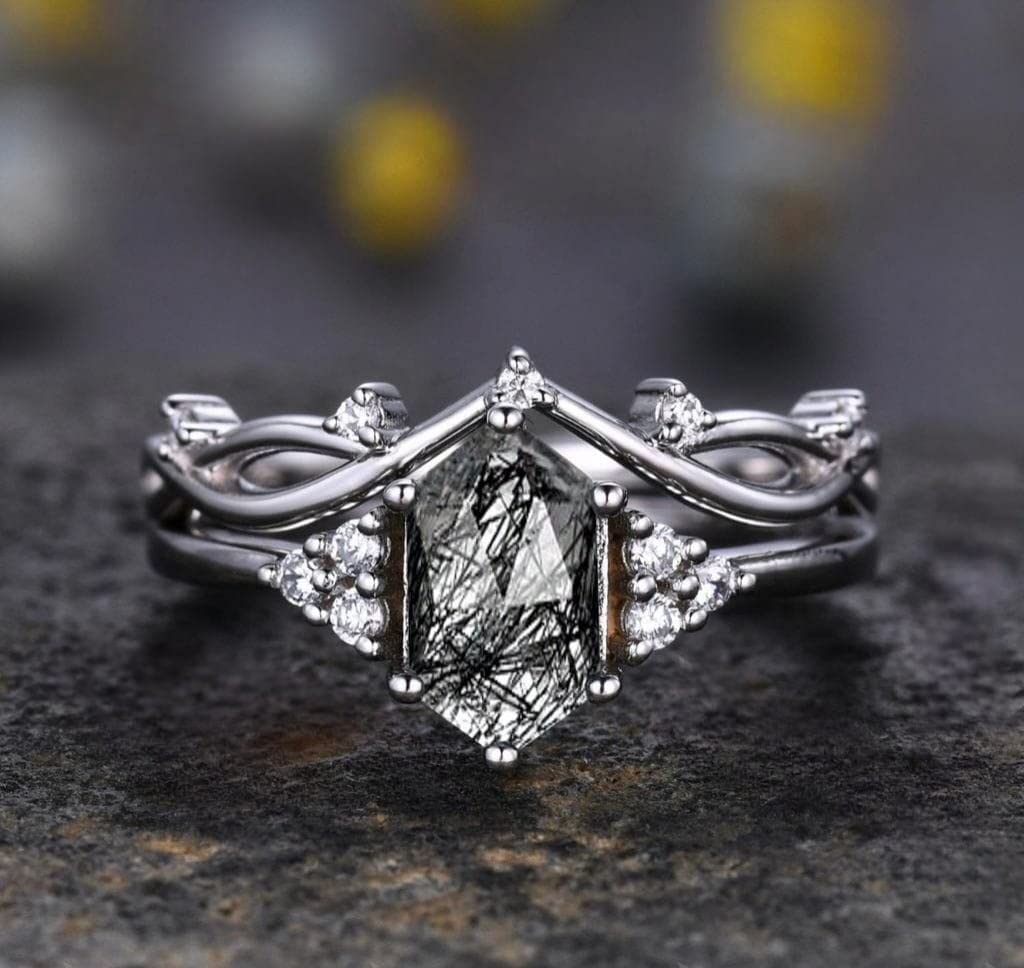 Retro hexagon Black Rutilate Quartz Ring,Vintage Sterling Silver Ring Set,Unique Engagement Ring,Promise Ring,Anniversary Ring Gift For Her (WHITE GOLD, 5)
