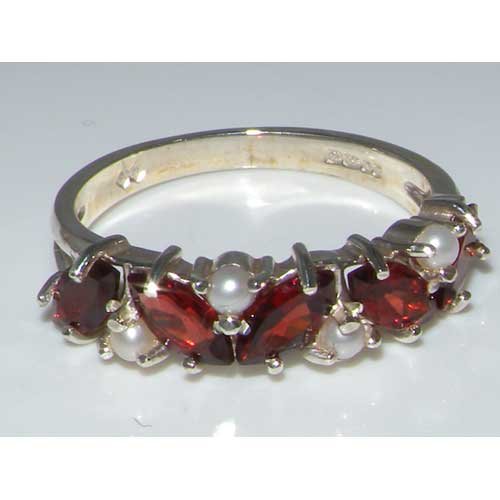 LetsBuyGold 925 Sterling Silver Real Genuine Garnet & Cultured Pearl Womens Eternity Engagement Ring - Size 6