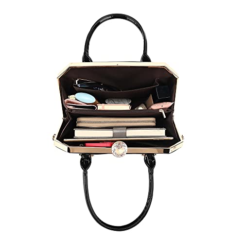 Style Strategy Push Lock Crossbody for women trapezoid Handbags Hardware Chain Crocodile Textured Shoulder black patent leather bag