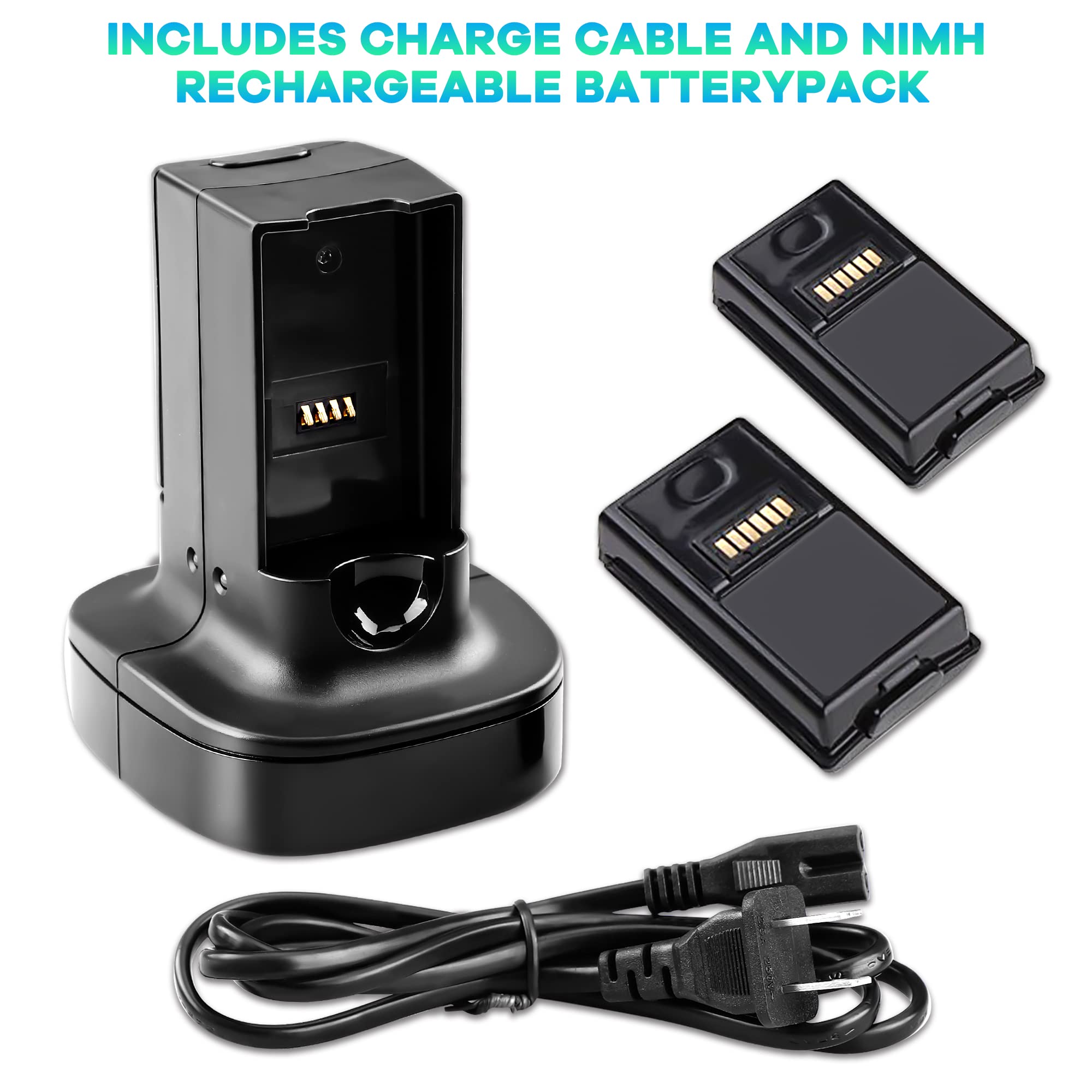 Rechargeable Battery for Xbox 360, 2 Pack Battery with Dual Charging Station Dock Charger Stand Base for Xbox 360 Wireless Controller Black