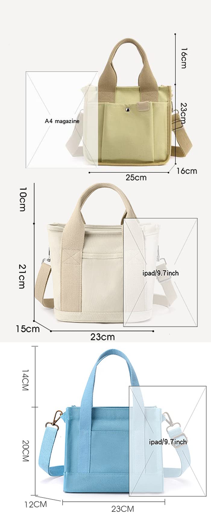 Women Canvas Tote Bag Classic Small Square Crossbody Bag Satchel Shoulder Bag Hobo Bag for Work School Travel