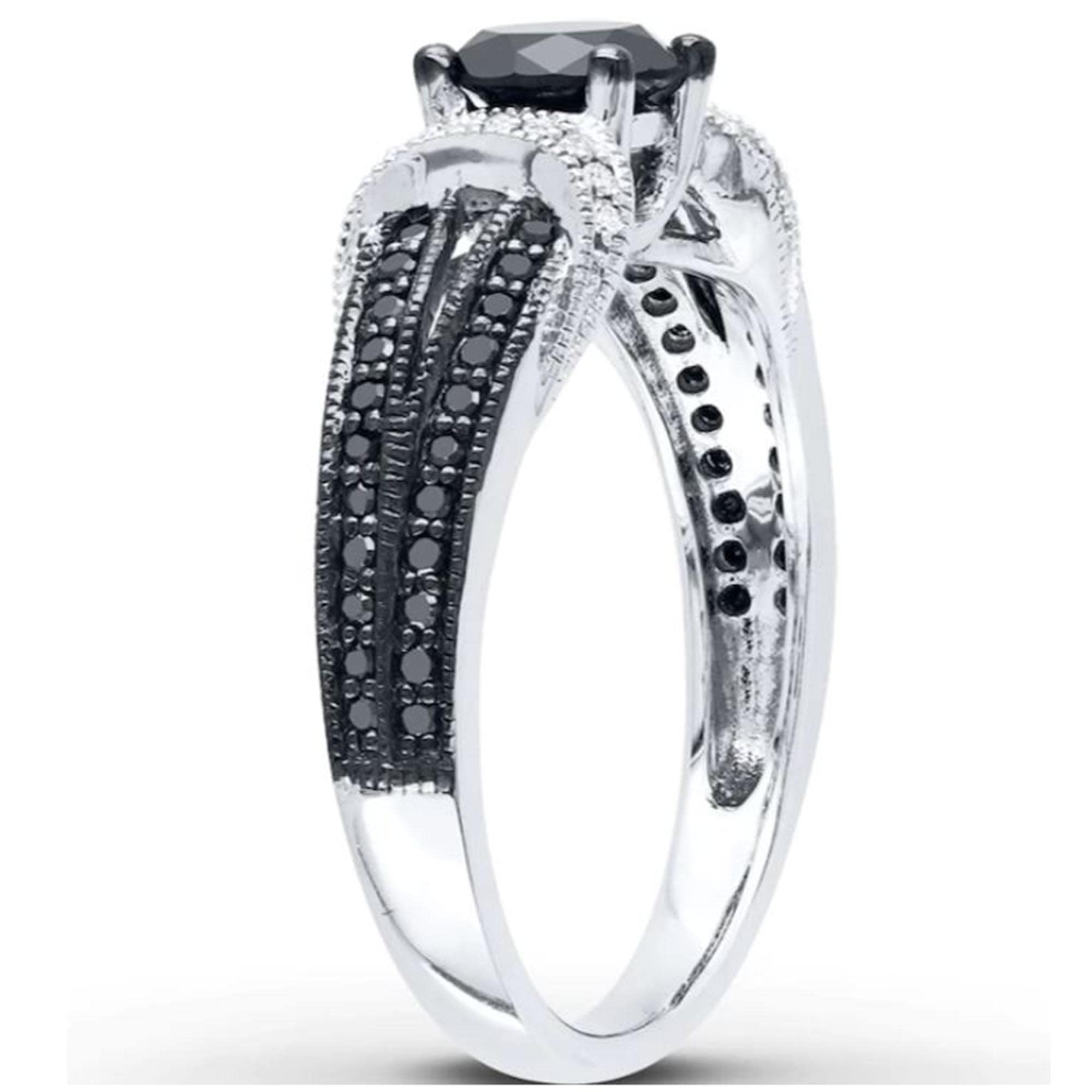 Prettyshinejewels 0.75 Ct Round Cut Black & White Diamond Solitaire with Accent Engagement Ring 14k White Gold Plated 925 Sterling Silver10.5