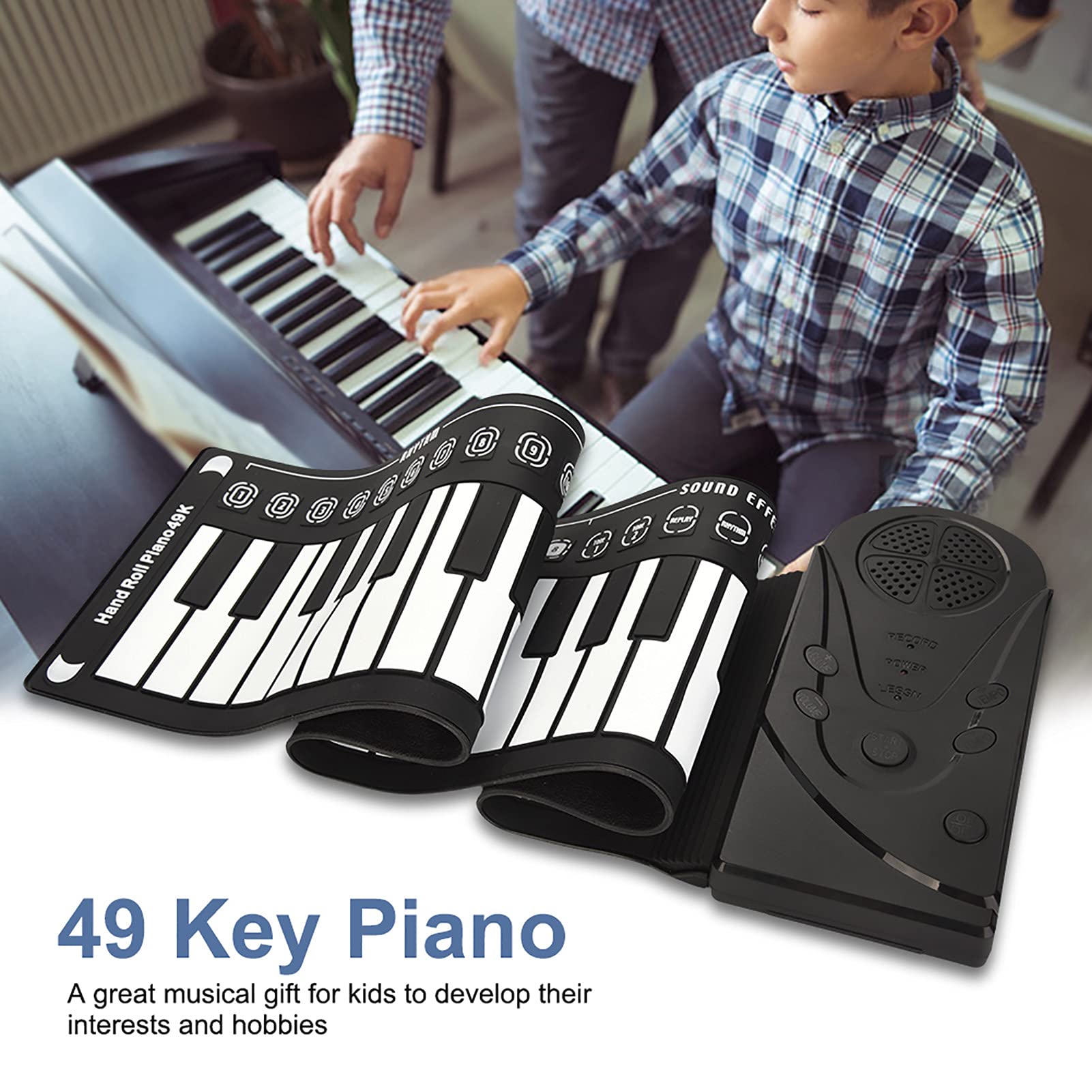 Rolling Up Piano, Portable 49 Keys Electronic Piano Keyboard Digital Beginner Piano Music Gifts for Children Kids Beginners(Black)