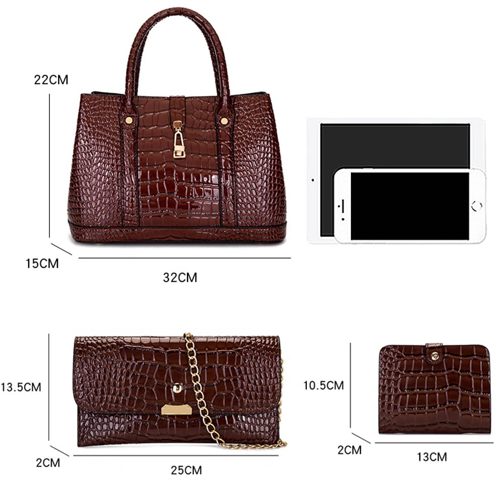 Retro Messenger Lock Bag Fashion Shoulder Handbags Three-piece Bags Crocodile Pattern Purses Female Top Handle Tote (Brown)